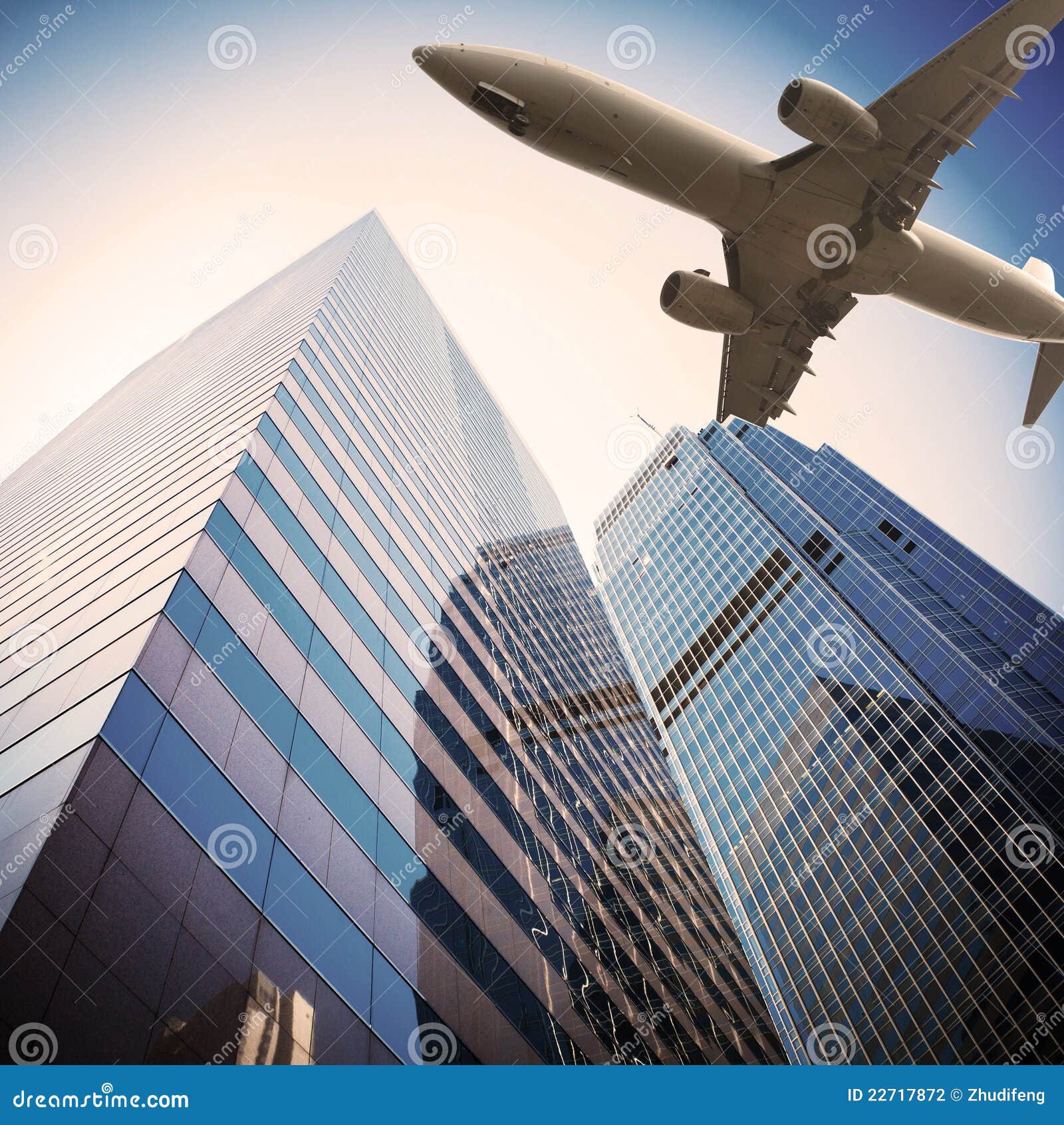 Plane over modern city stock photo. Image of transportation - 22717872