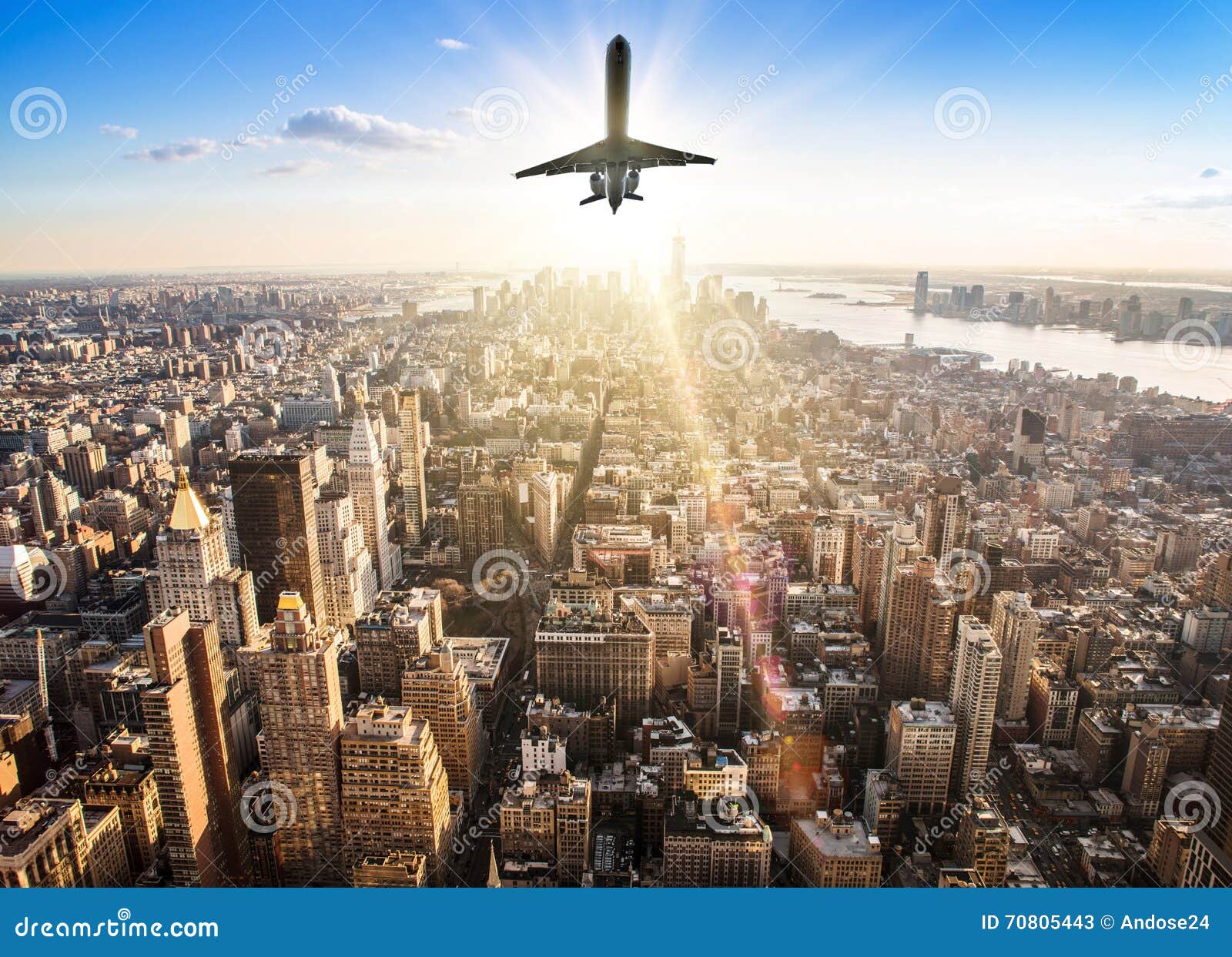Plane over a skyline stock image. Image of modern, downtown - 70805443