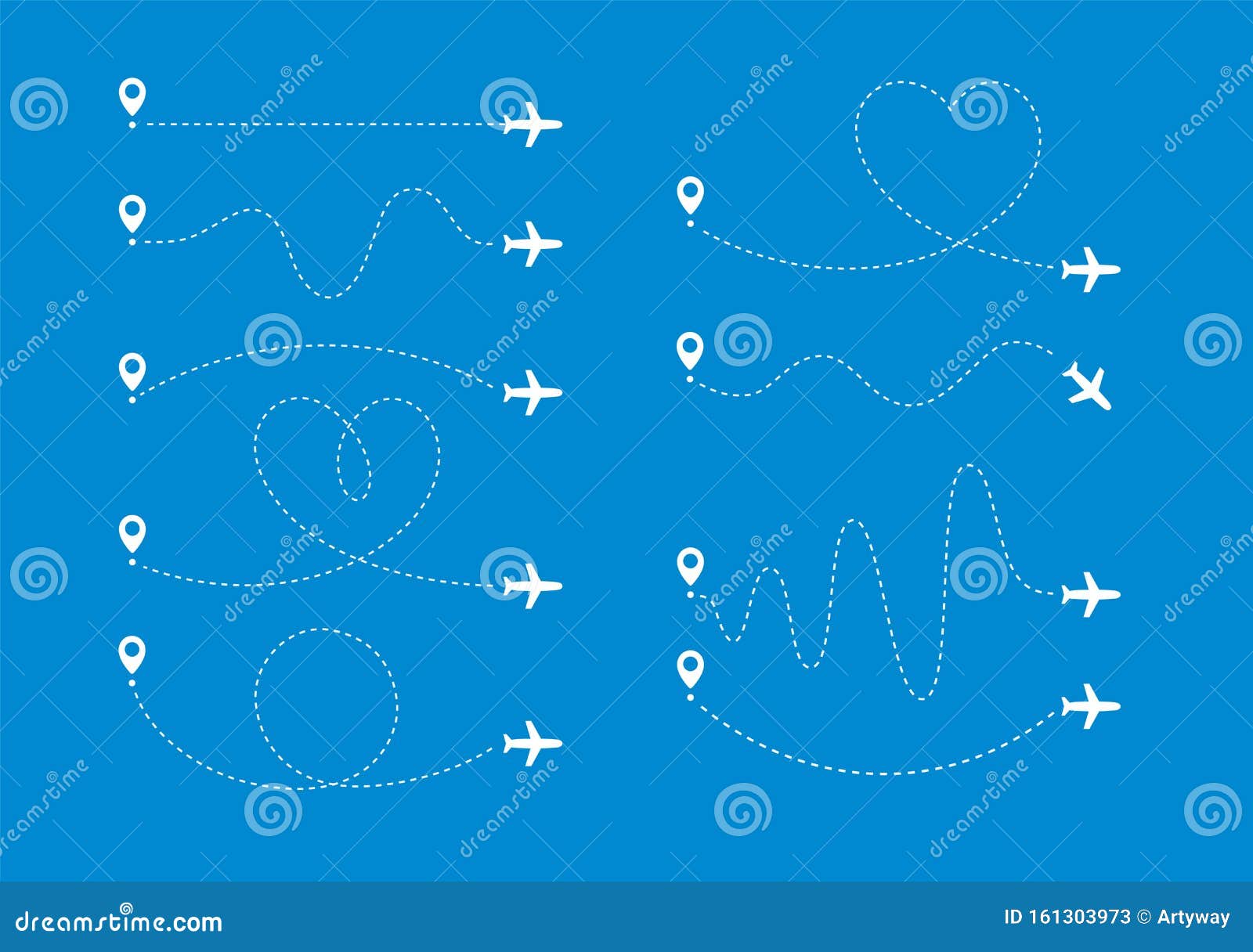 Plane Path Set. Flying Airplane Along Certain Curve Lines Way from ...
