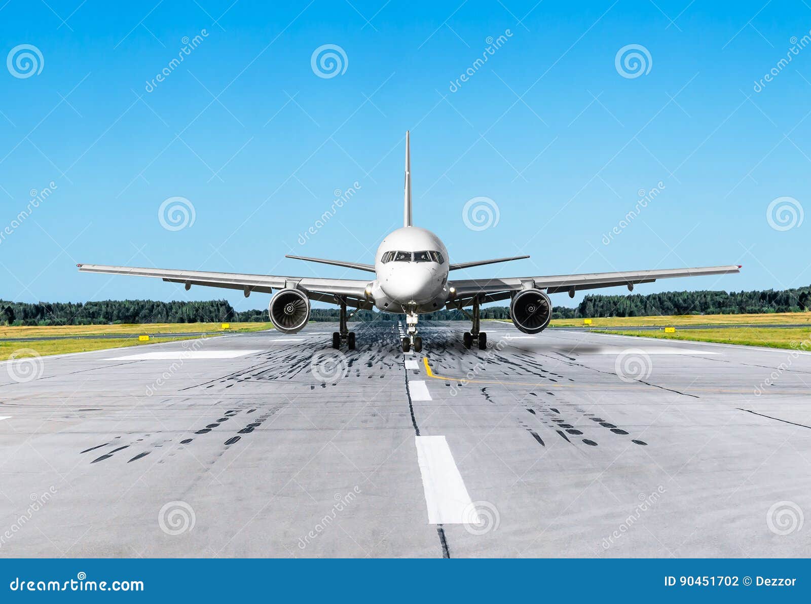 Plane on the Runway Asphalt Road and Blue Sky Stock Photo - Image of ...