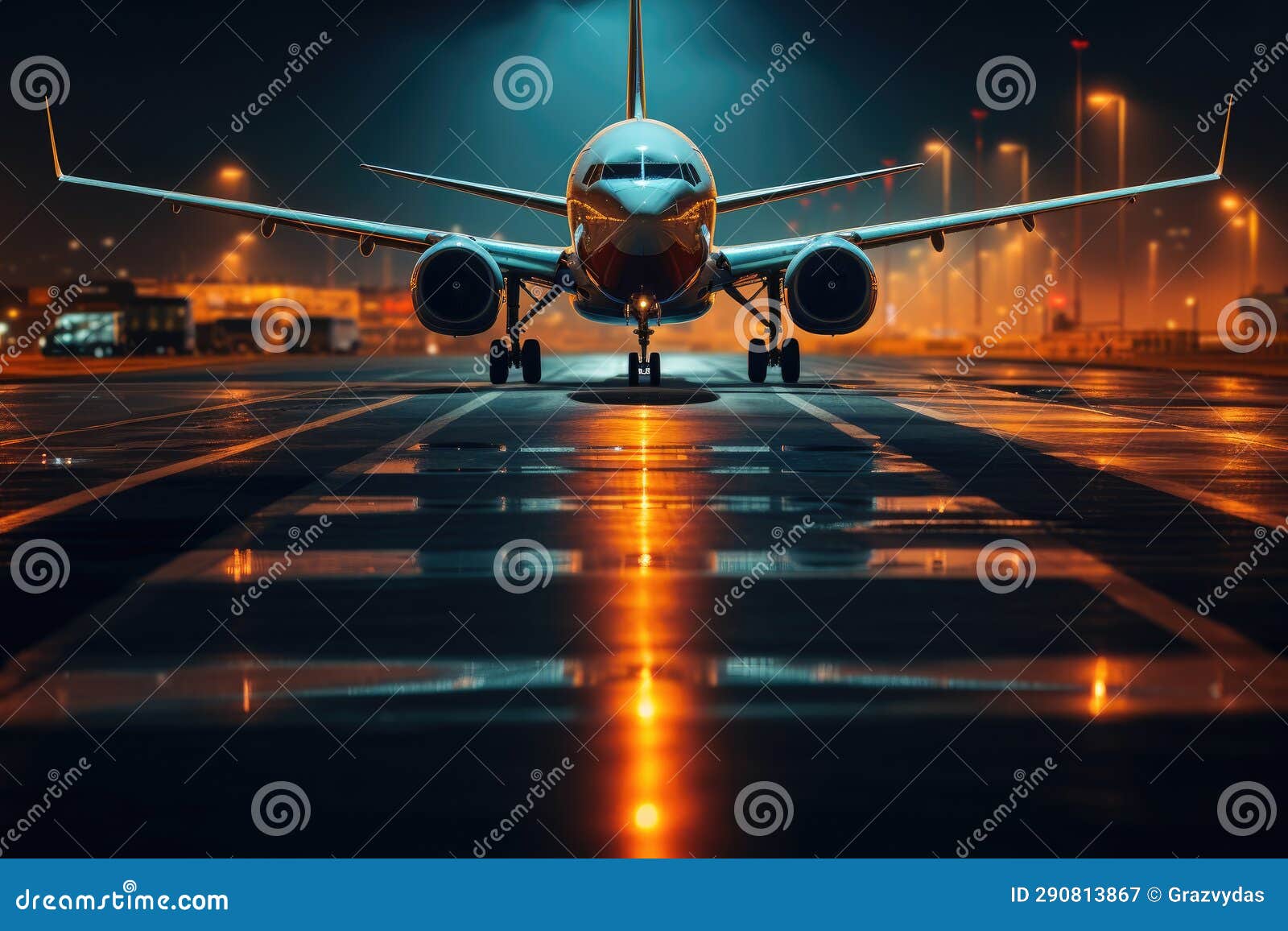 Plane on the Runway at Night, Low Angle Front View Stock Illustration ...