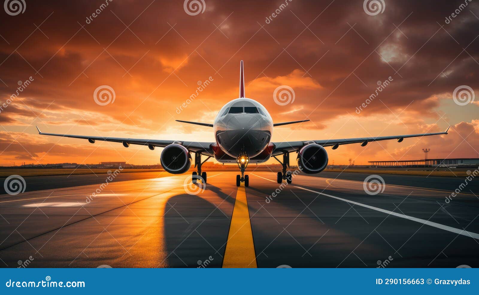 Plane on the Runway with a Setting Sun, Front View Stock Illustration ...