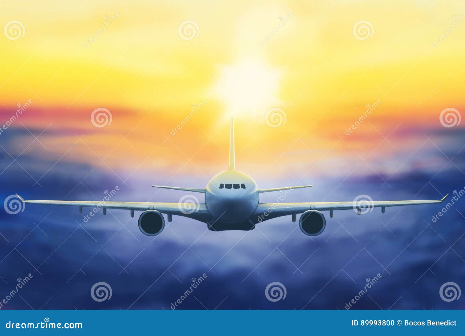 Plane in the sunset stock illustration. Illustration of landing - 89993800