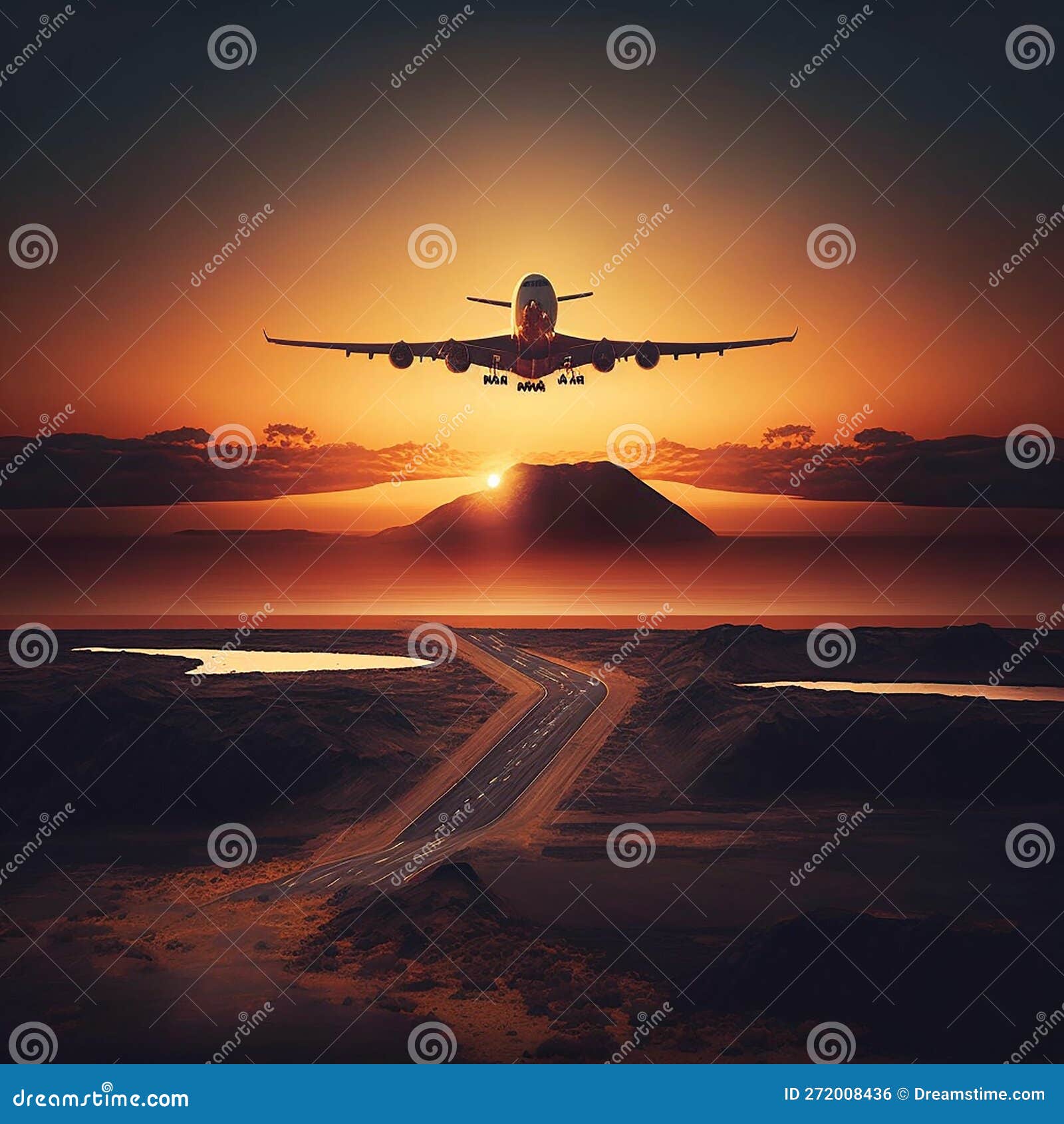 Plane Taking Off during Sunset. Illustration Generated with AI Stock ...