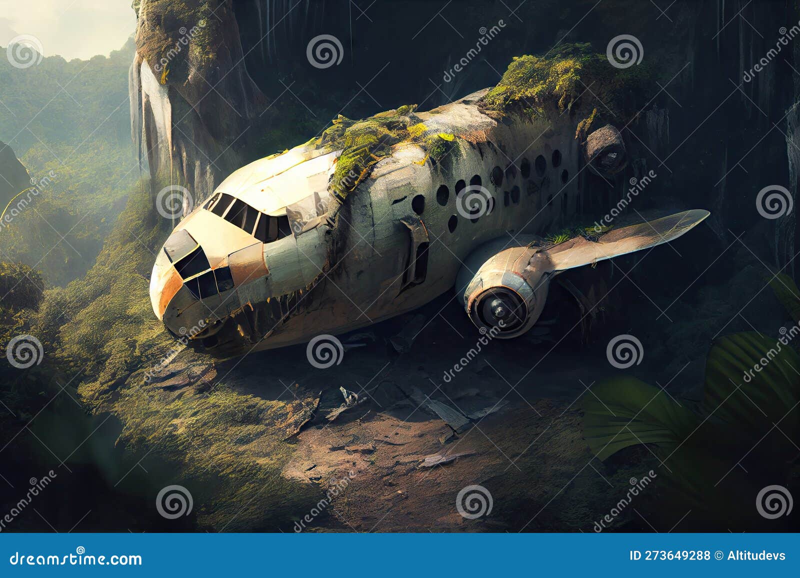 Plane Wreck on Cliff, with View of Endless Jungle Below Stock ...