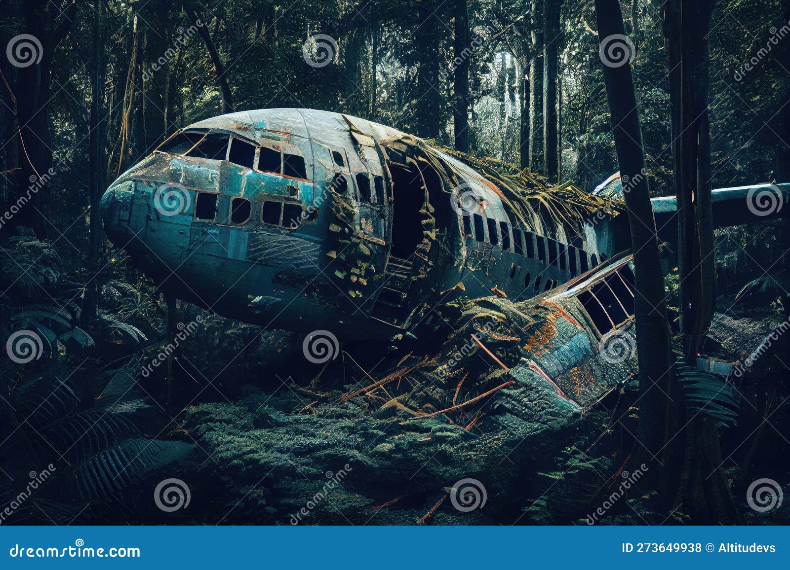 Plane Wreck Surrounded by Towering Trees and Dense Vegetation in Jungle ...