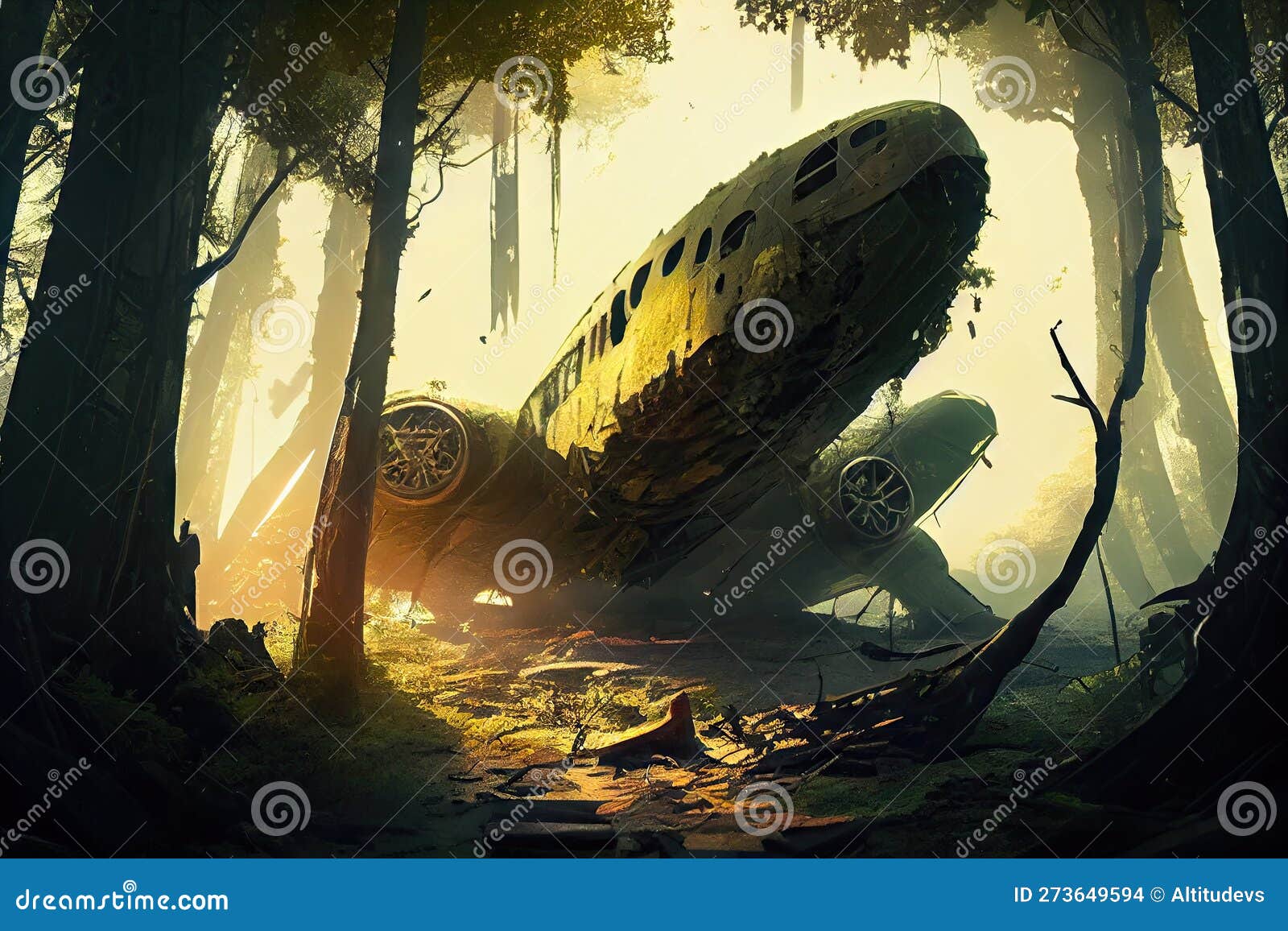 Plane Wreck among Towering Trees, with Sunlight Filtering through the ...