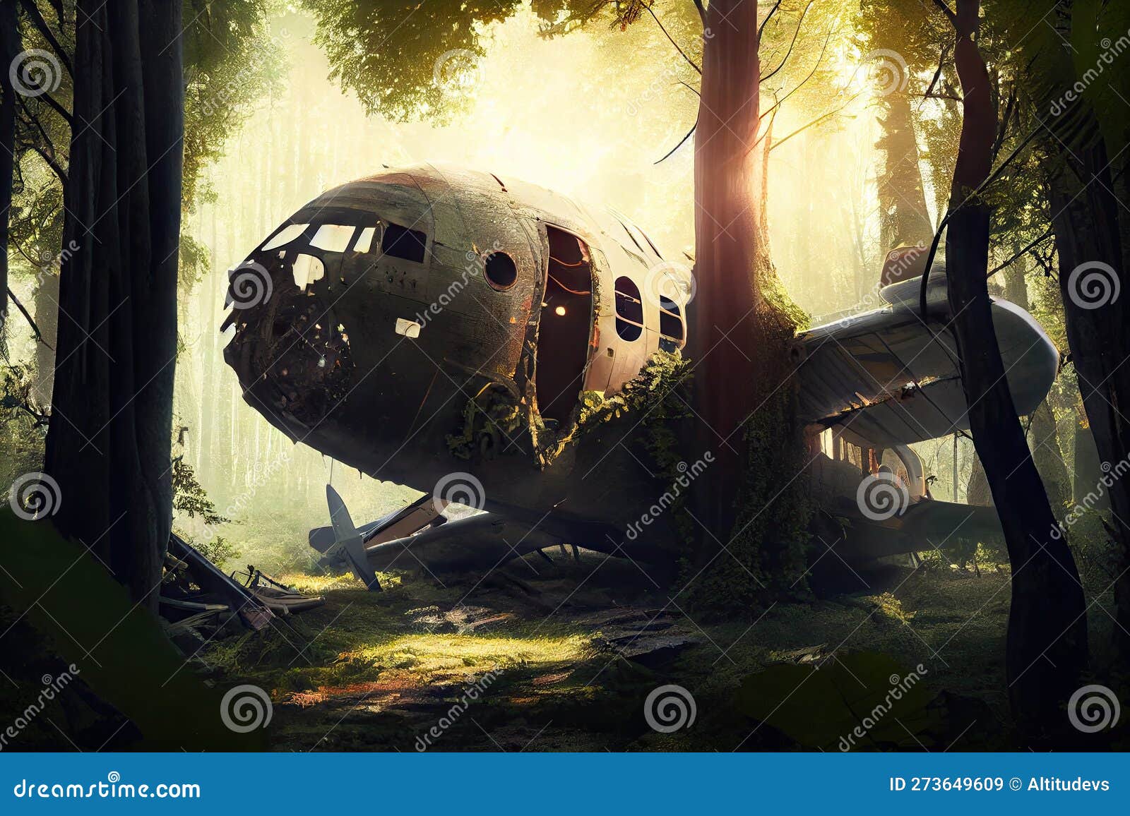 Plane Wreck among Towering Trees, with Sunlight Filtering through the ...