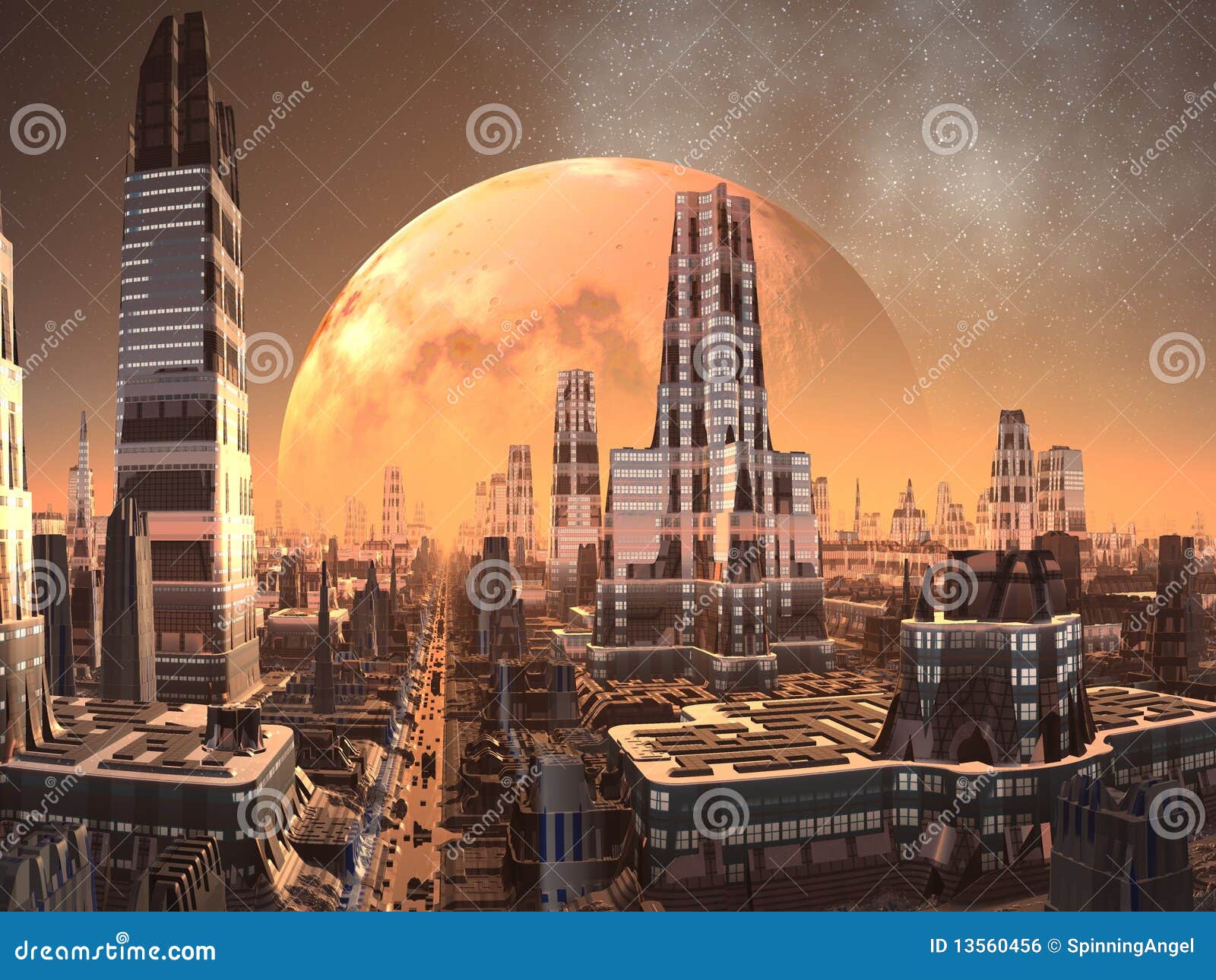 Planeet-stijging Over Vreemde Stad Van De Toekomst Stock Illustratie ...