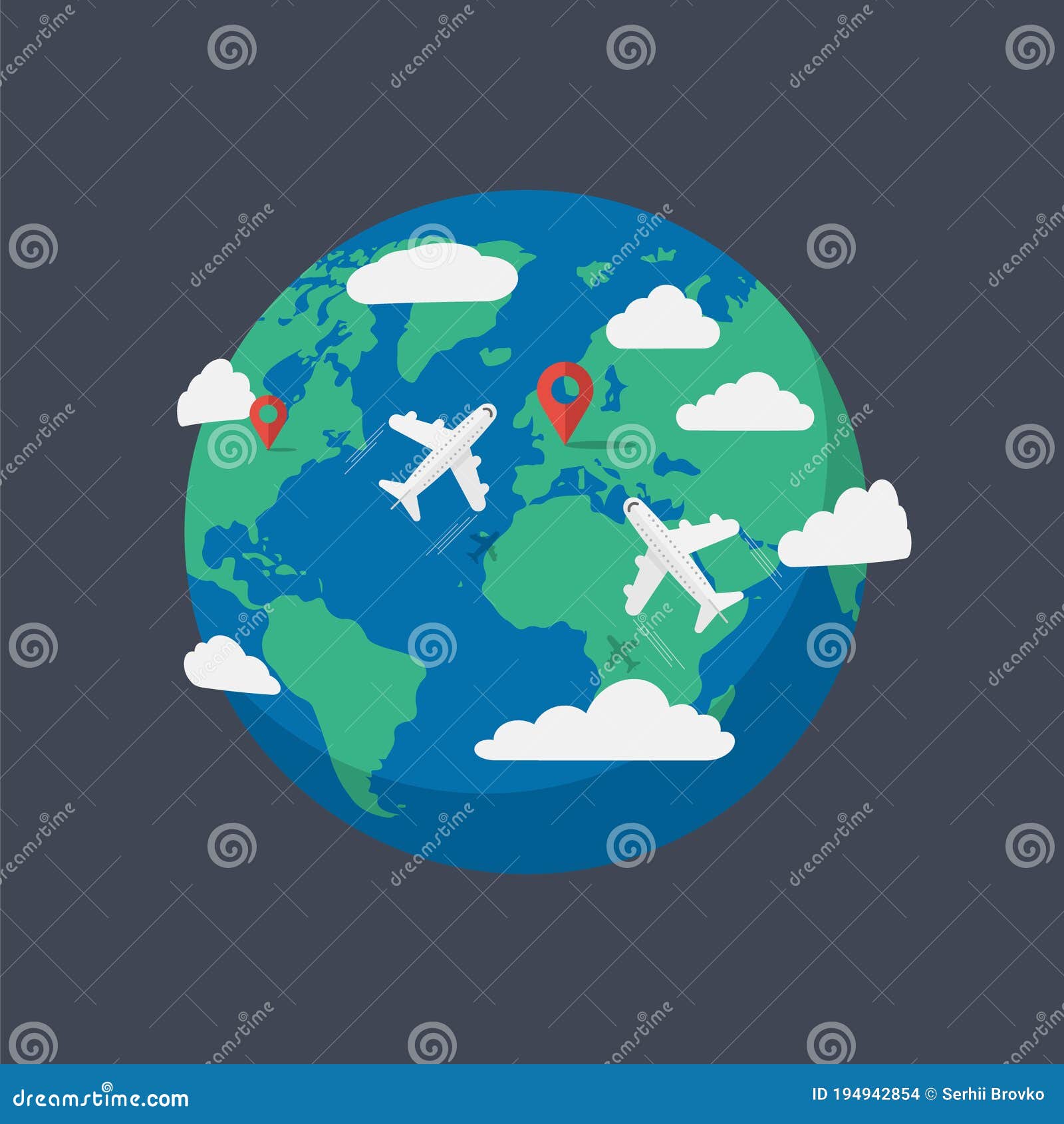 Planes Flying Around Planet Earth Isolated on White Background. Vector ...