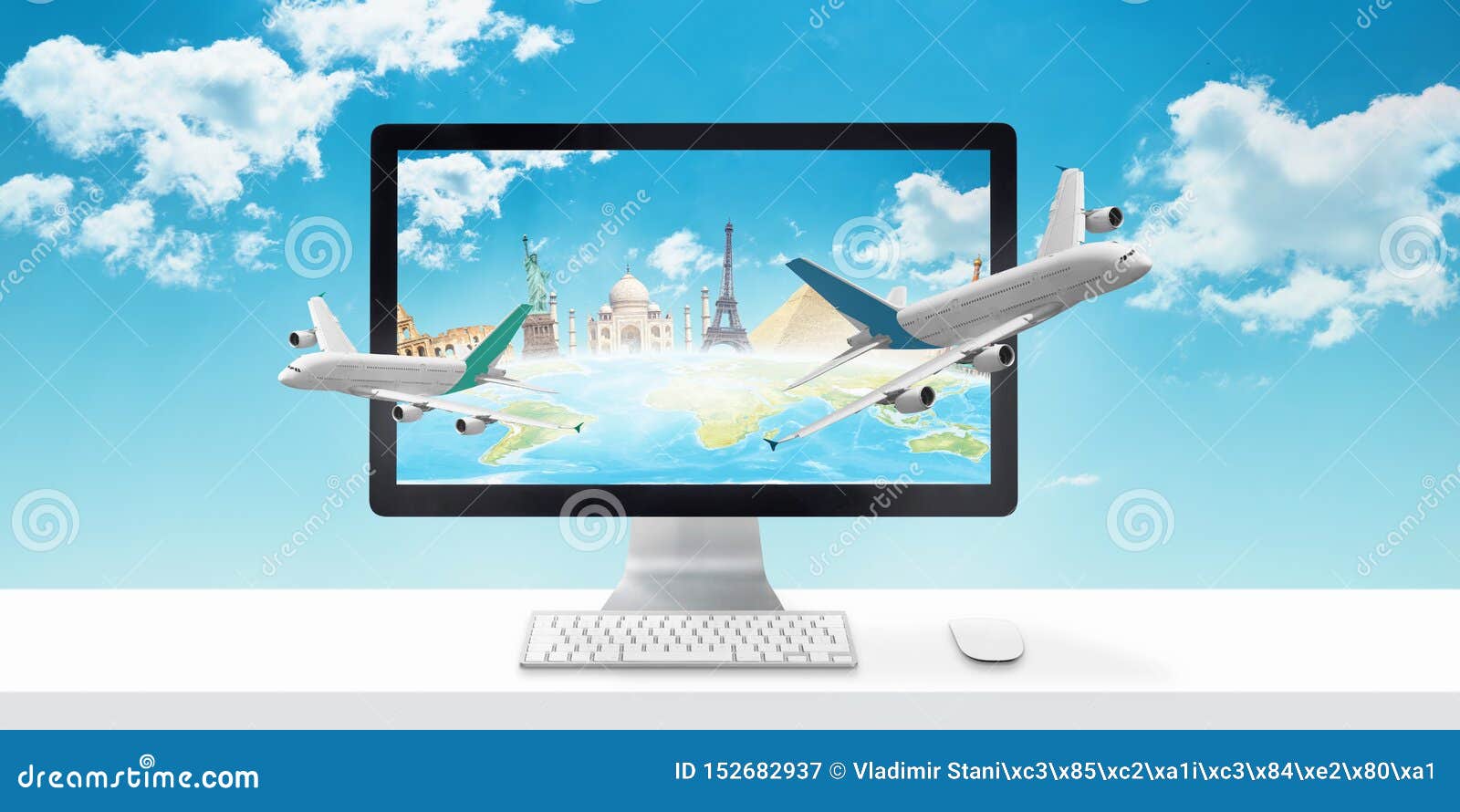 Planes Flying Out of the Computer Display. Concept of Booking Holiday ...