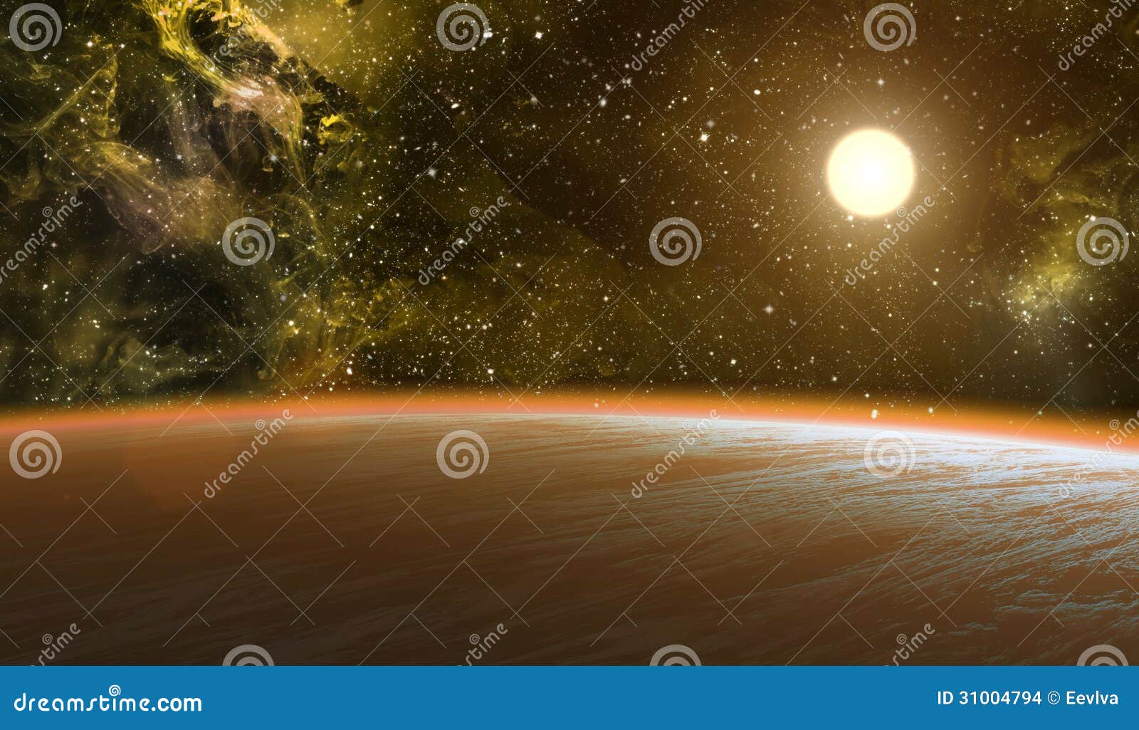 Planet with bright star. stock illustration. Illustration of cosmic ...