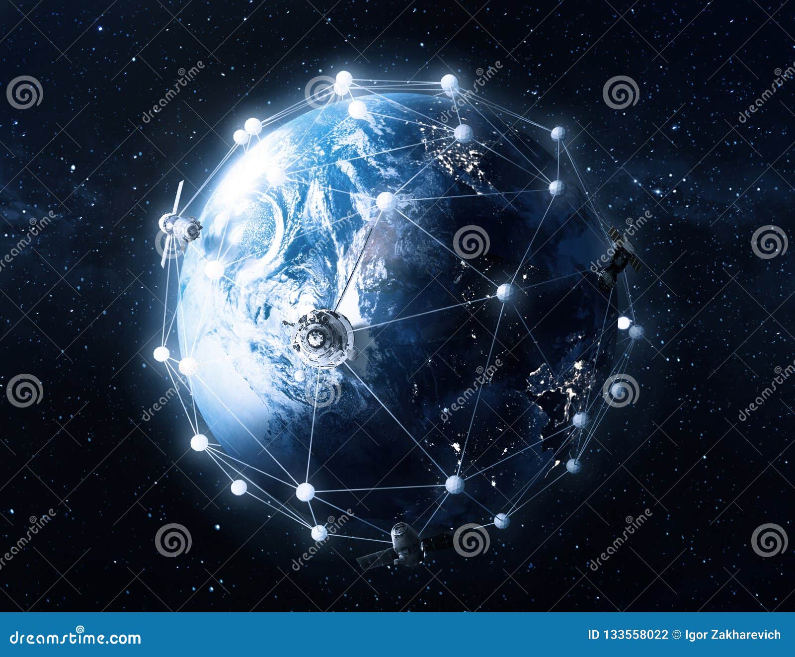 Planet Covered By Satellites In Space Background Royalty-Free Stock ...