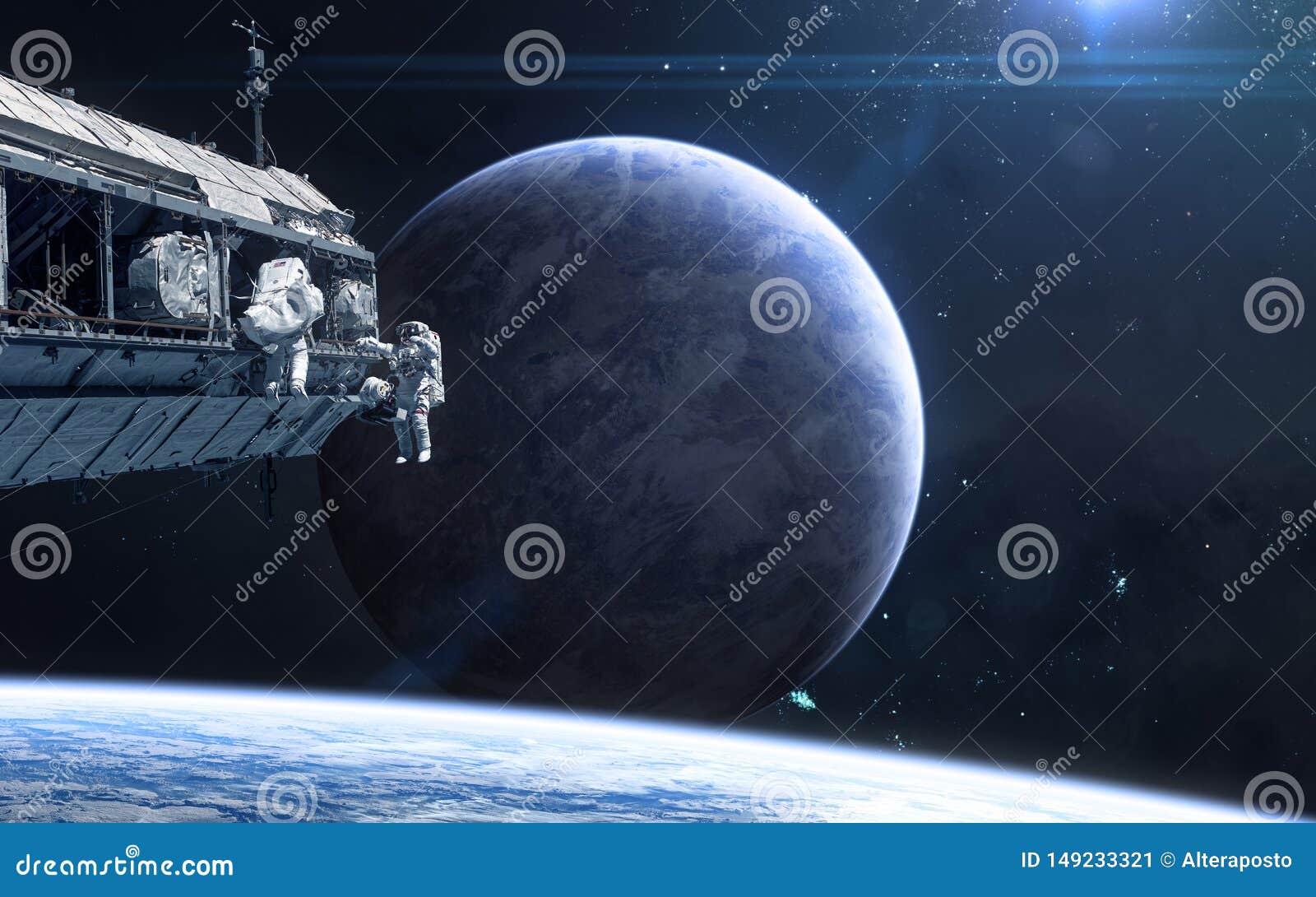 Planet in Deep Space. Astronauts, Space Station Stock Image - Image of ...