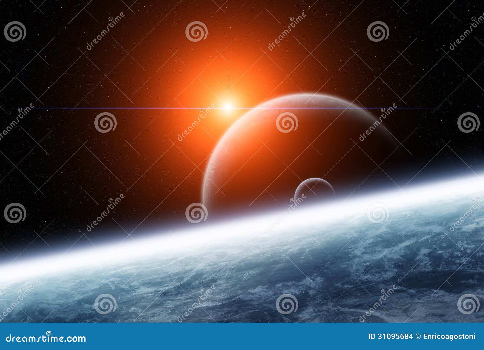 Planet with Double Moons and Rising Star Stock Illustration ...