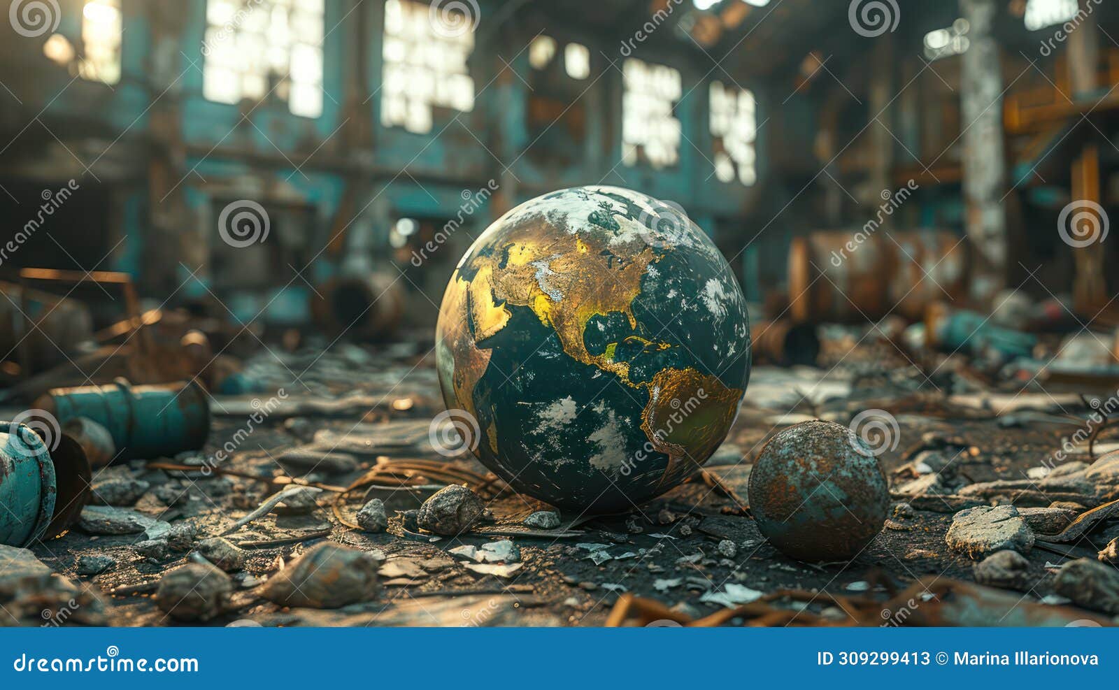 Planet Earth at an Abandoned Factory, Environmental Problems Concept ...