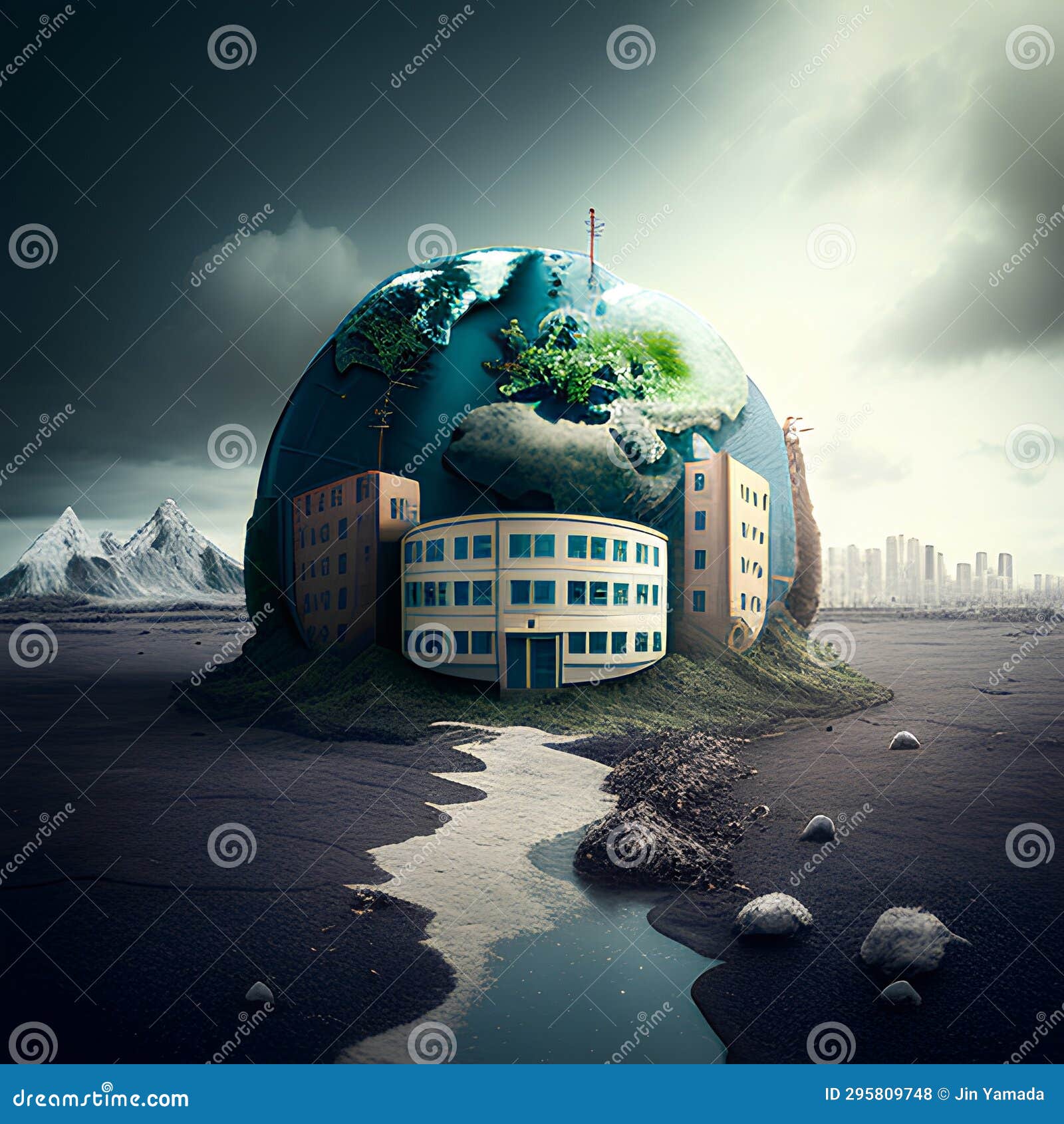 Planet Earth with Buildings and Clouds on the Background. 3d Rendering ...