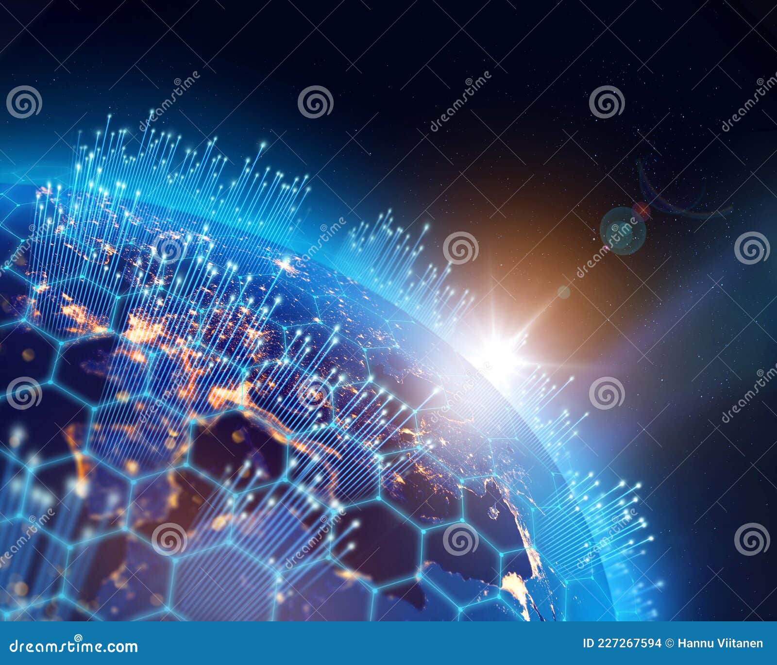 Planet Earth, City Lights and Digital Cellular Network Growing Binary ...