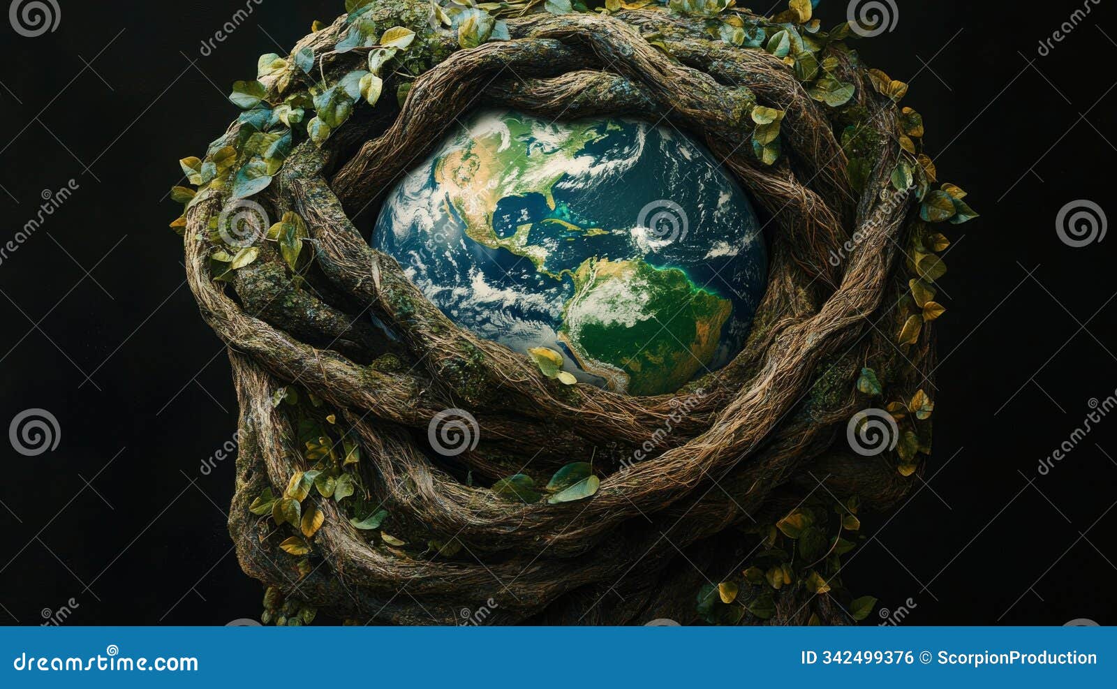 Planet Earth Cradled by Intricate Vines Representing Environmental Care ...