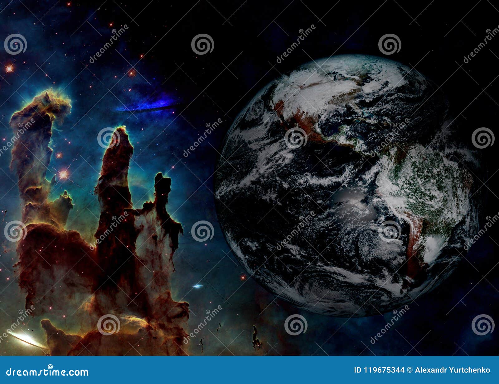 Planet Earth in Deep Space Near Pillar of Creation Background. Elements ... Planet Earth in Deep Space Near Pillar of Creation Background. Elements ...