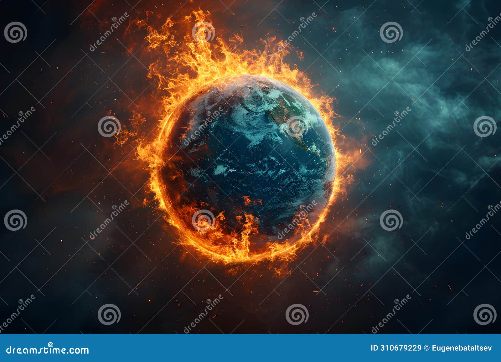 The Planet Earth is Dramatically Encircled by Flames Against a Cosmic ...