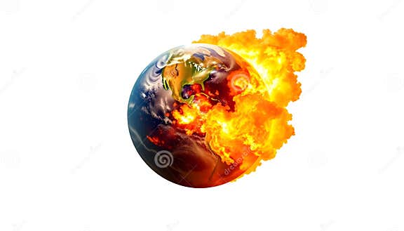 Planet Earth Explodes in Fire on Isolated White Background Stock ...