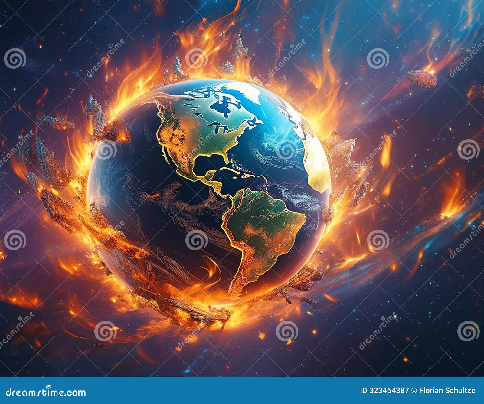 Planet Earth on Fire in Outer Space Stock Illustration - Illustration ...