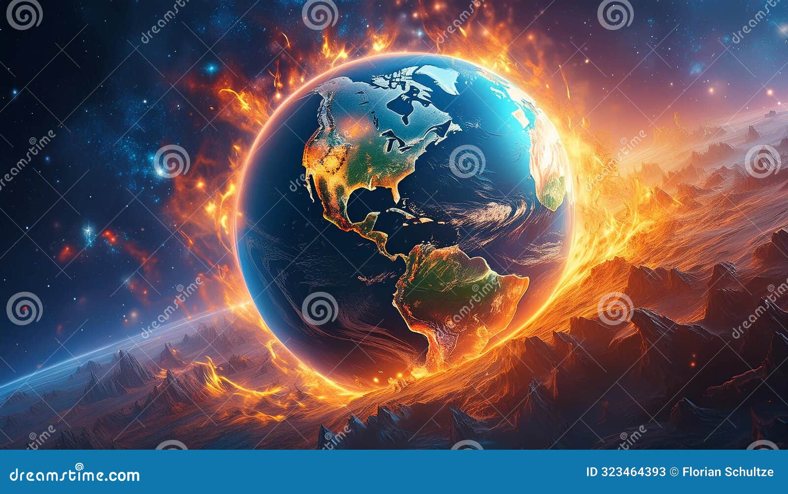 Planet Earth on Fire in Outer Space Stock Illustration - Illustration ...