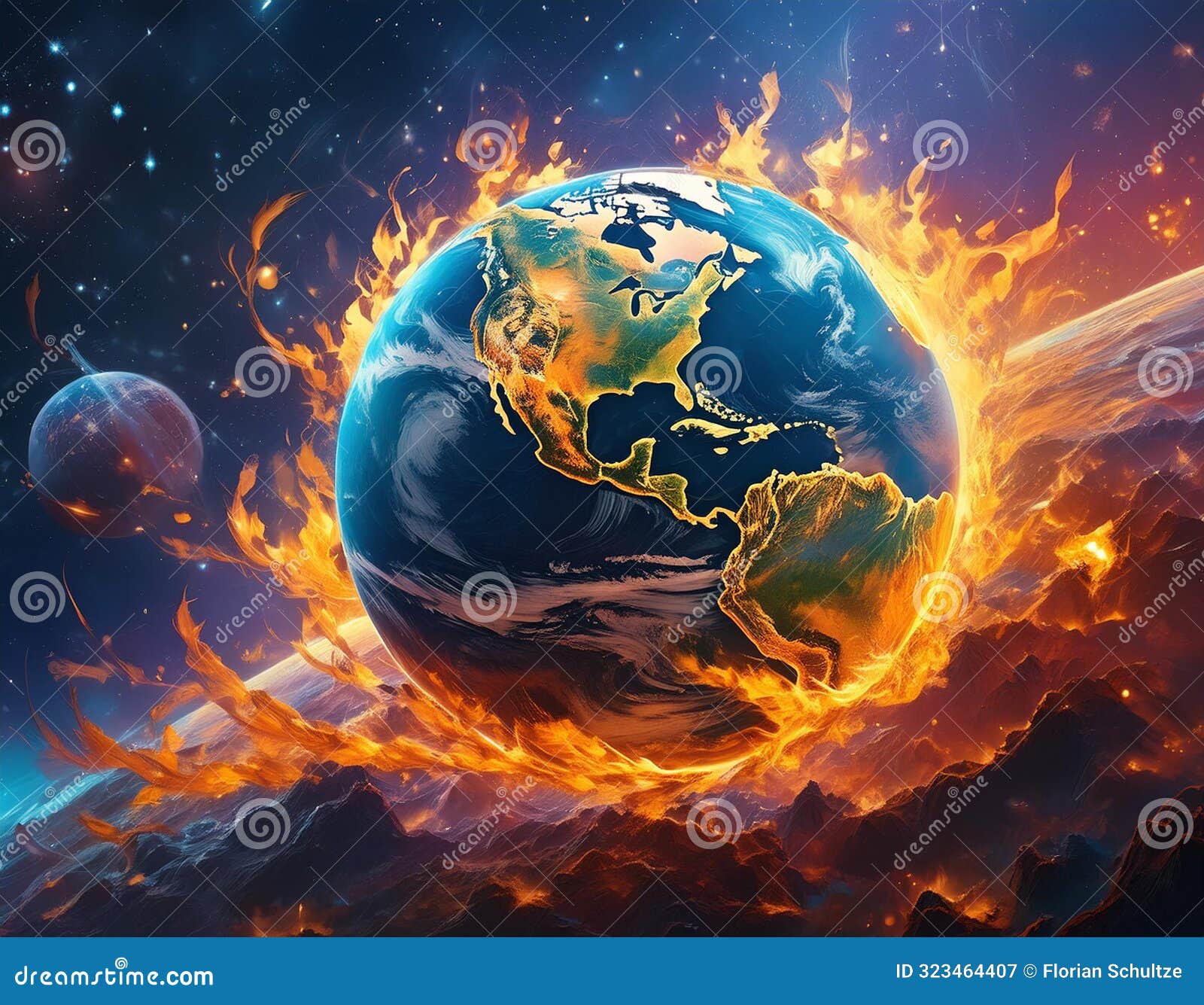 Planet Earth on Fire in Outer Space Stock Illustration - Illustration ...