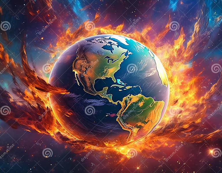 Planet Earth on Fire in Outer Space Stock Illustration - Illustration ...