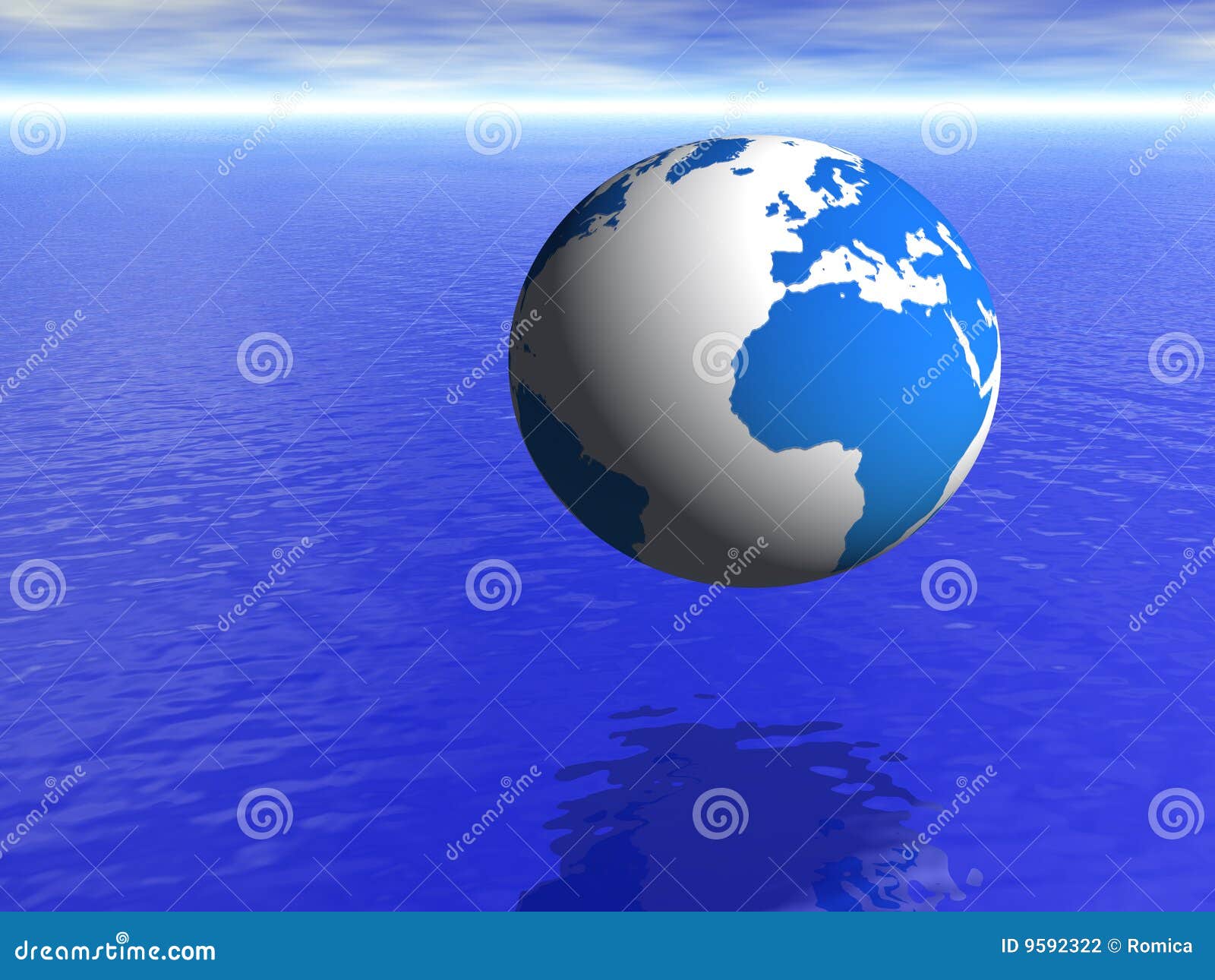 Planet Earth Globe Over Blue Ocean and Cloudy Sky Stock Illustration ...
