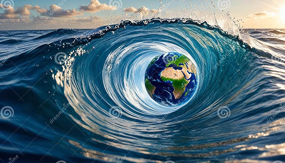 Planet Earth Globe in Wave of Water in the Ocean Stock Illustration ...