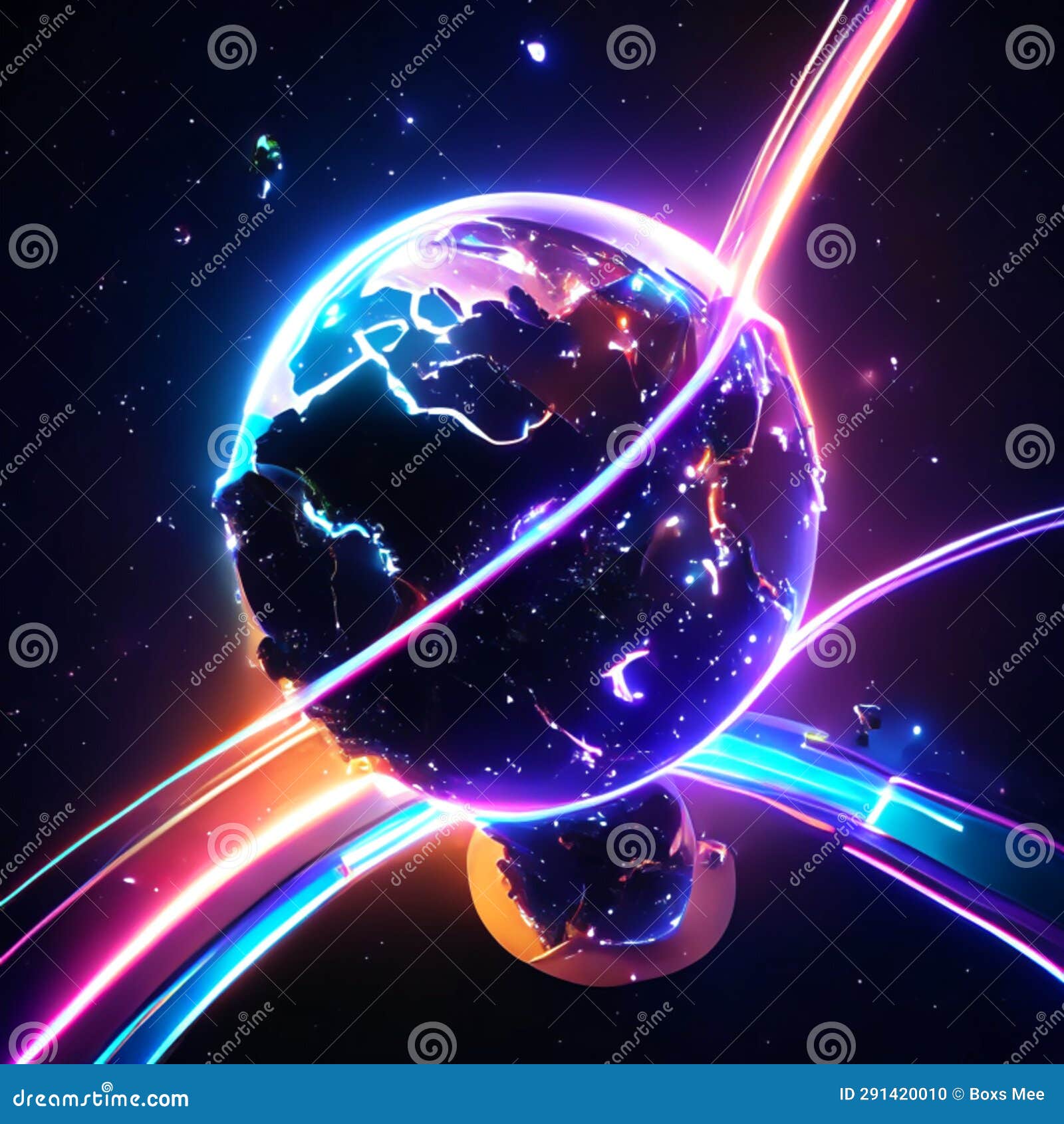 Planet Earth with Neon Lines, 3d Rendering. Computer Digital Drawing ...