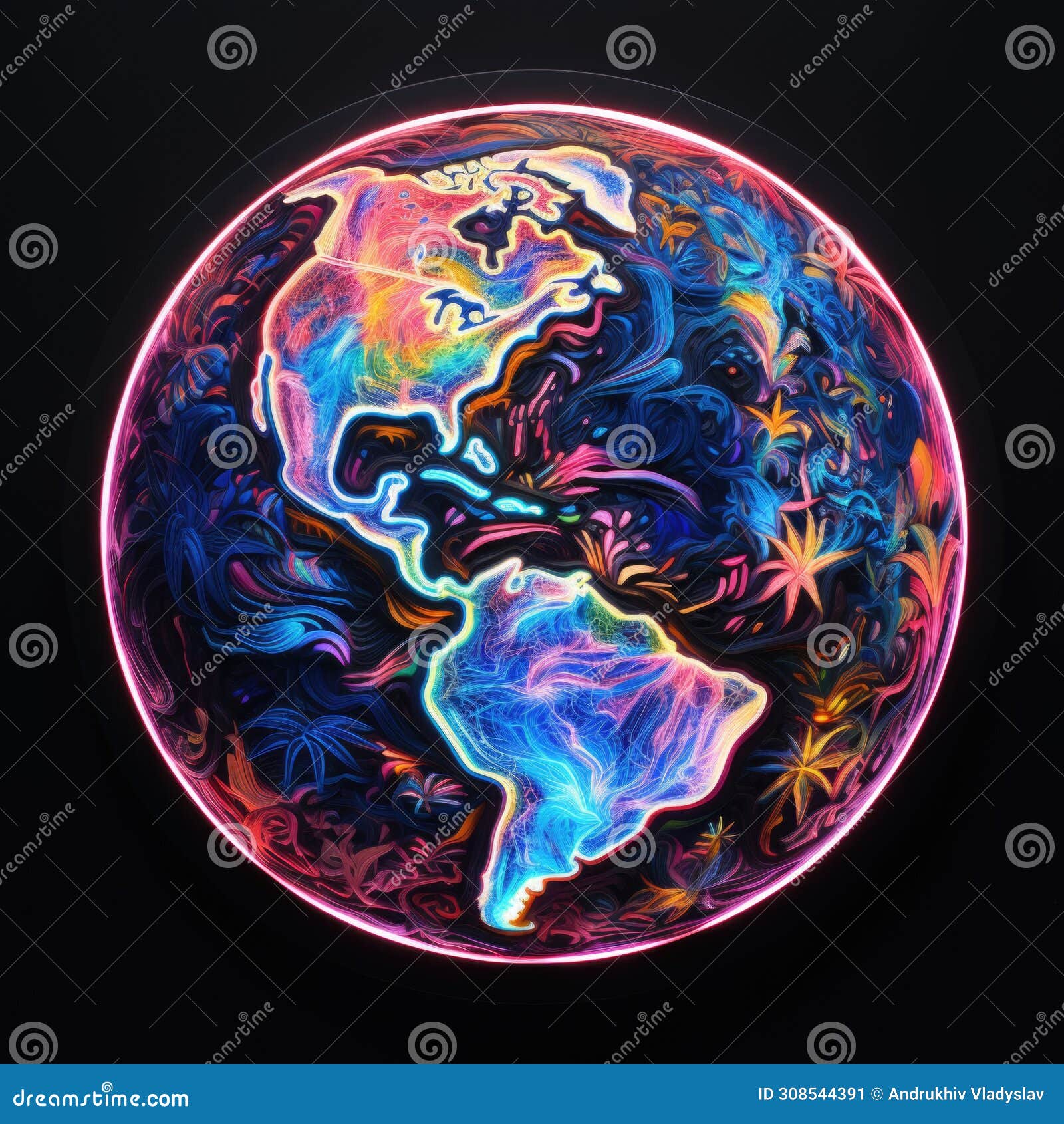 Planet Earth in Neon, Shadows and Lights Fitted Stock Illustration ...