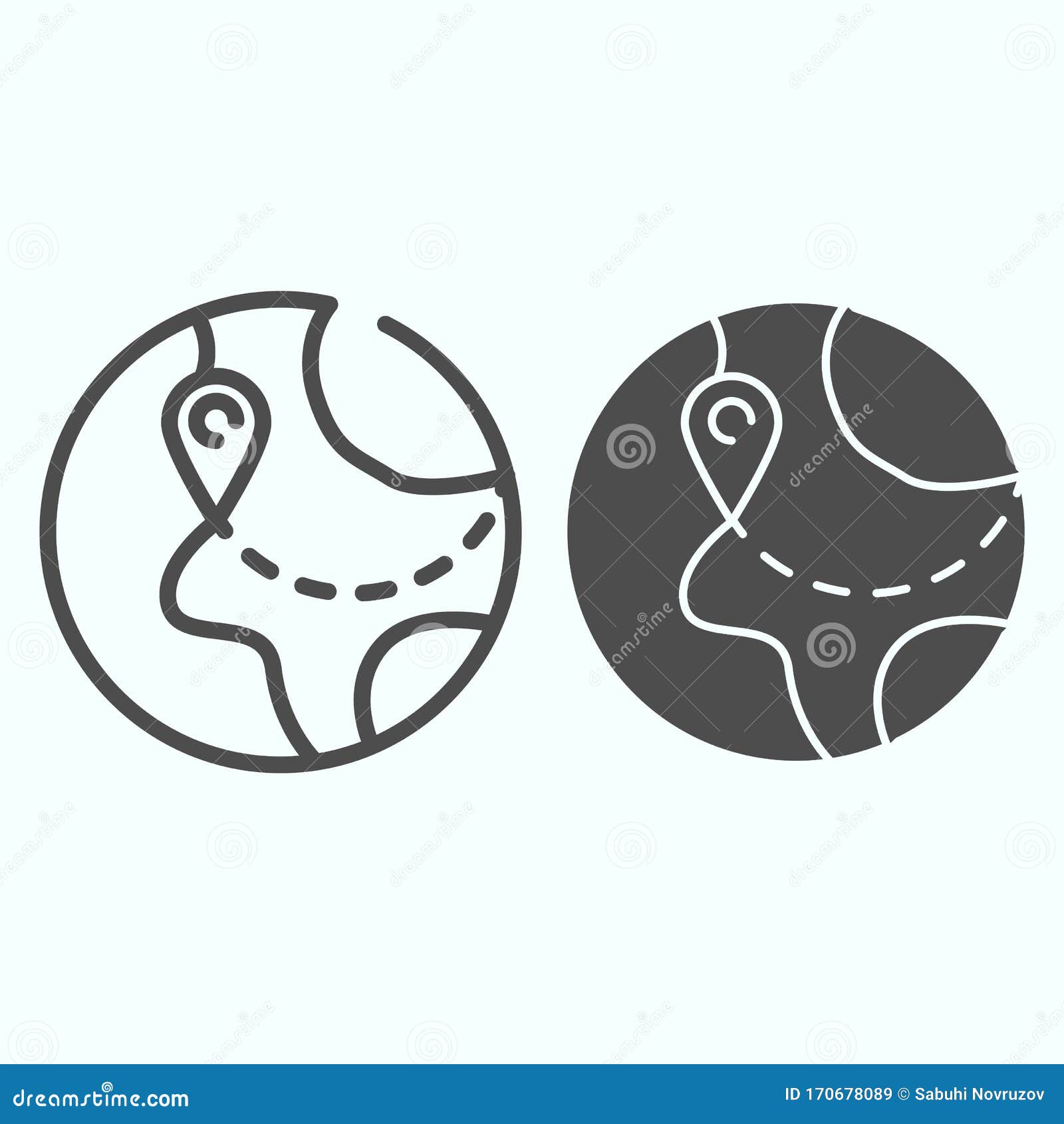 Planet Earth with Pin Line and Solid Icon. Earth with Pointer Vector ...