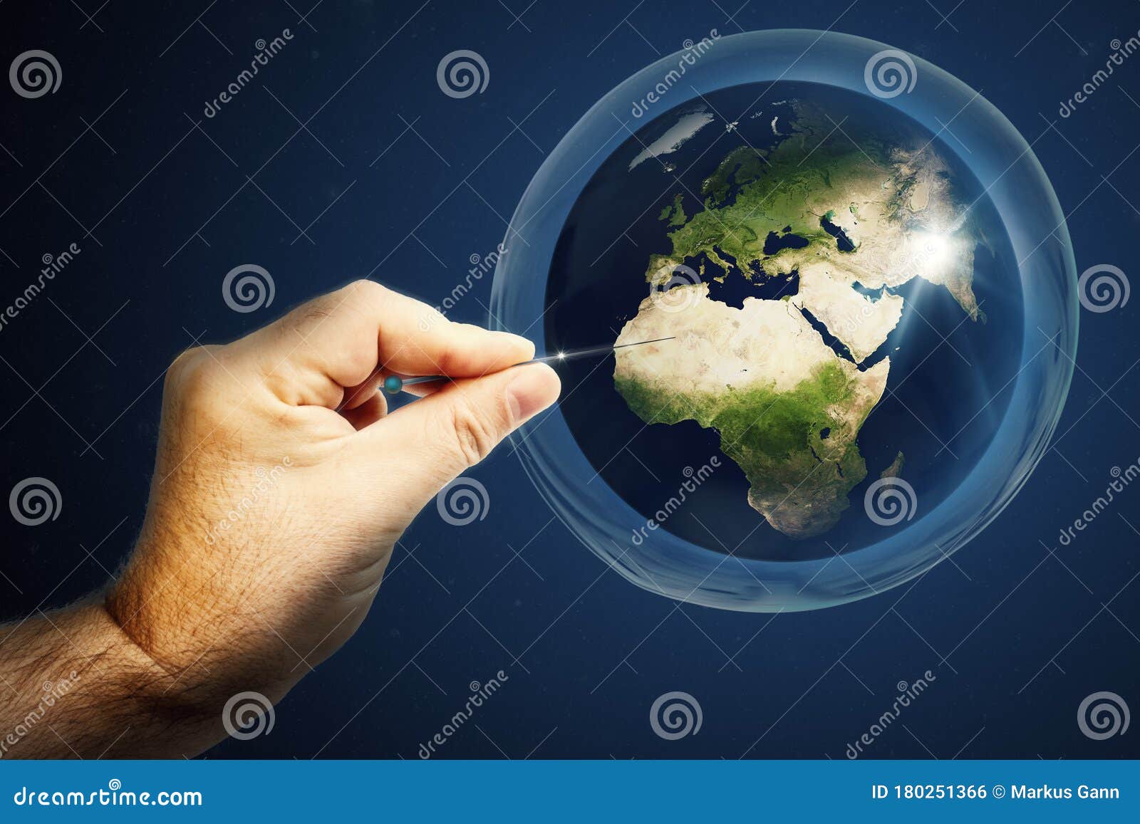 Planet Earth in a Soap Bubble and a Hand with a Needle that Bursts ...