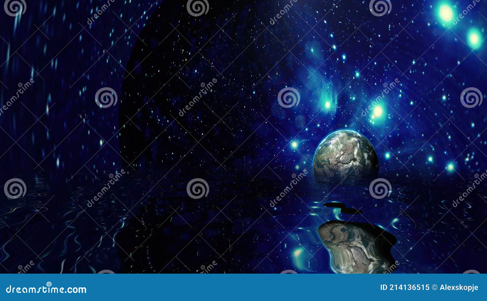 Planet Earth and Stars Reflecting in Water 3D Illustration Stock ...