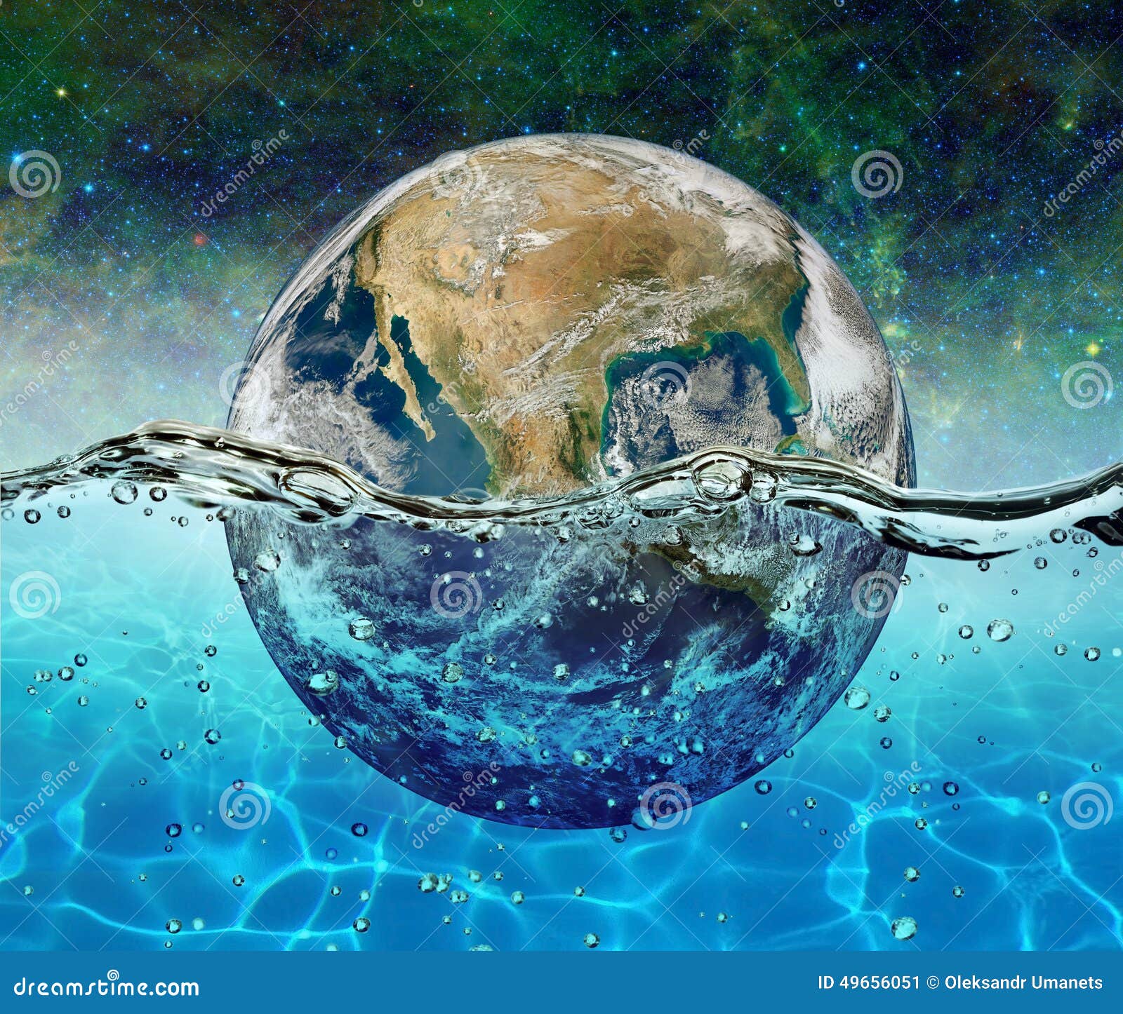 Planet Earth is Submerged in Water on the Background of the Starry Sky ...