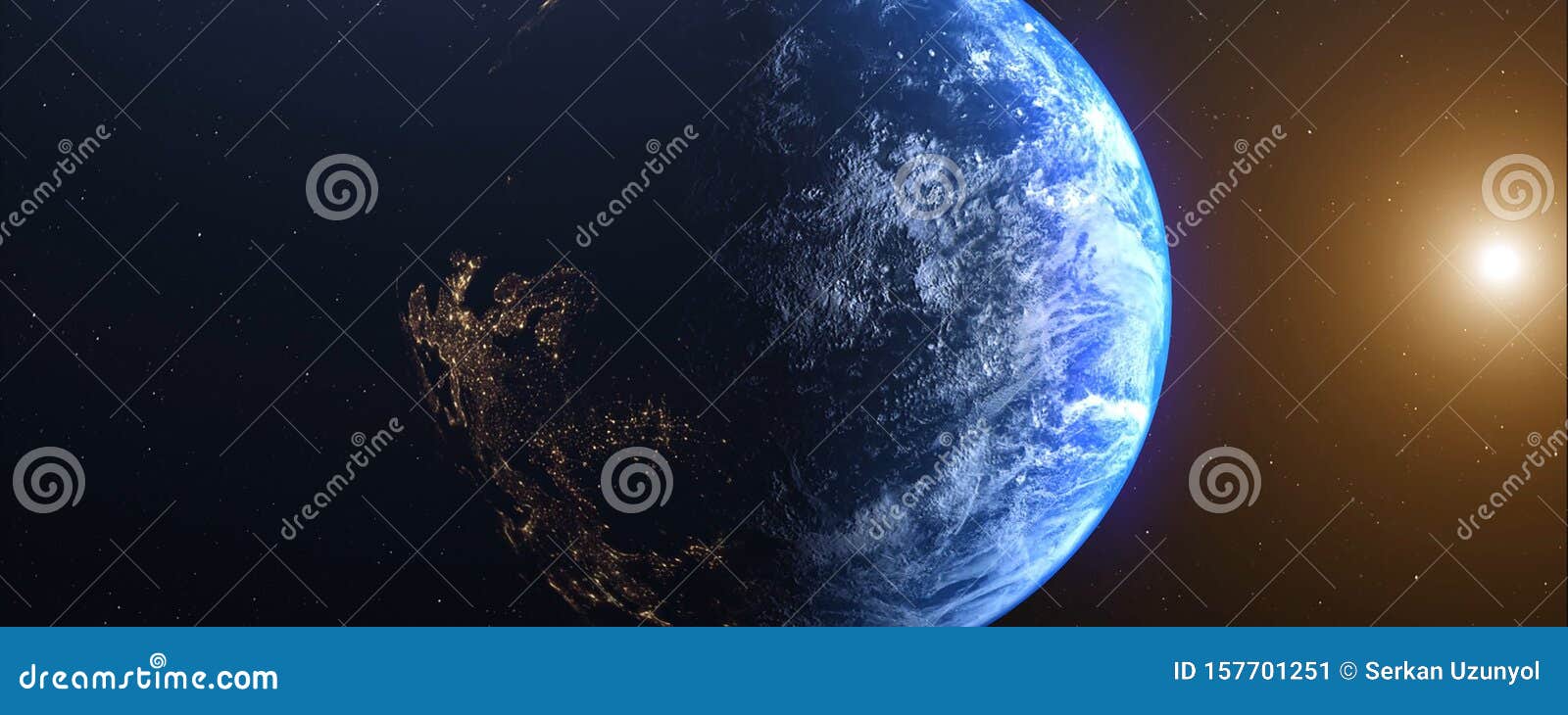 Planet Earth and Sun 3D Rendering. Realistic Illustration from Space ...