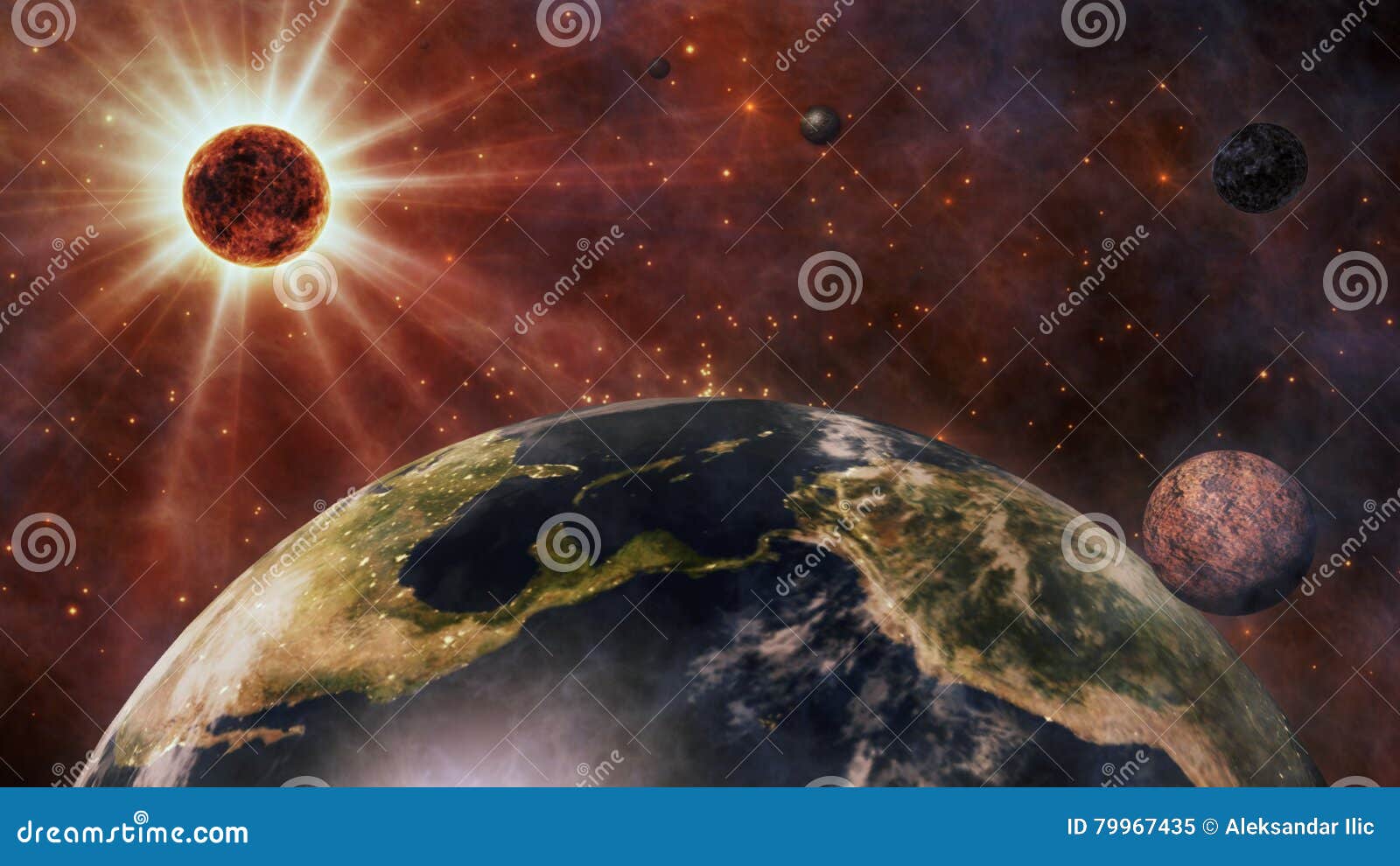 Planet Earth, the Sun, the Moon and Planets 3D Rendering Stock ...