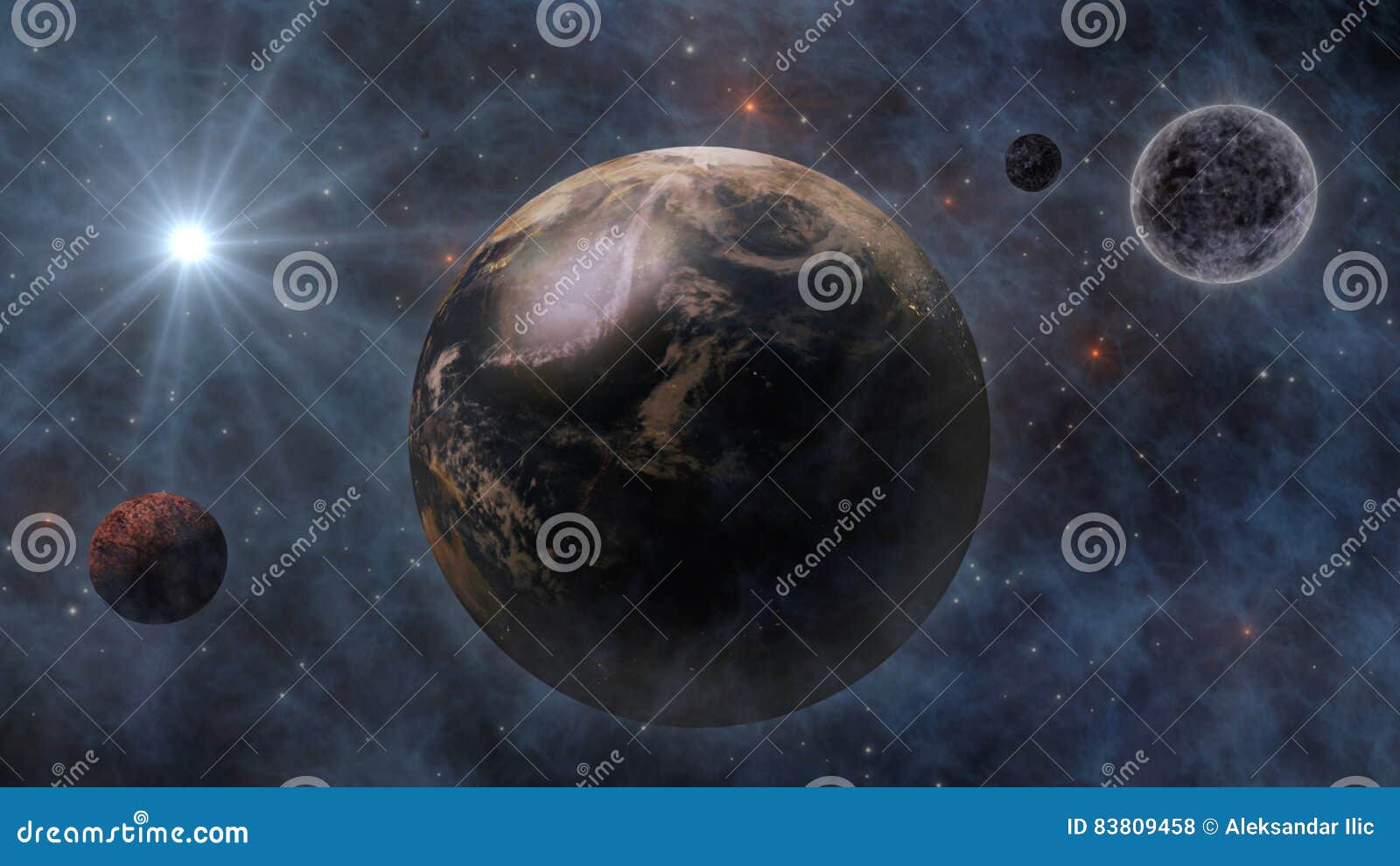 Planet Earth, the Sun, the Moon and Planets in Space 3D Rendering Stock ...