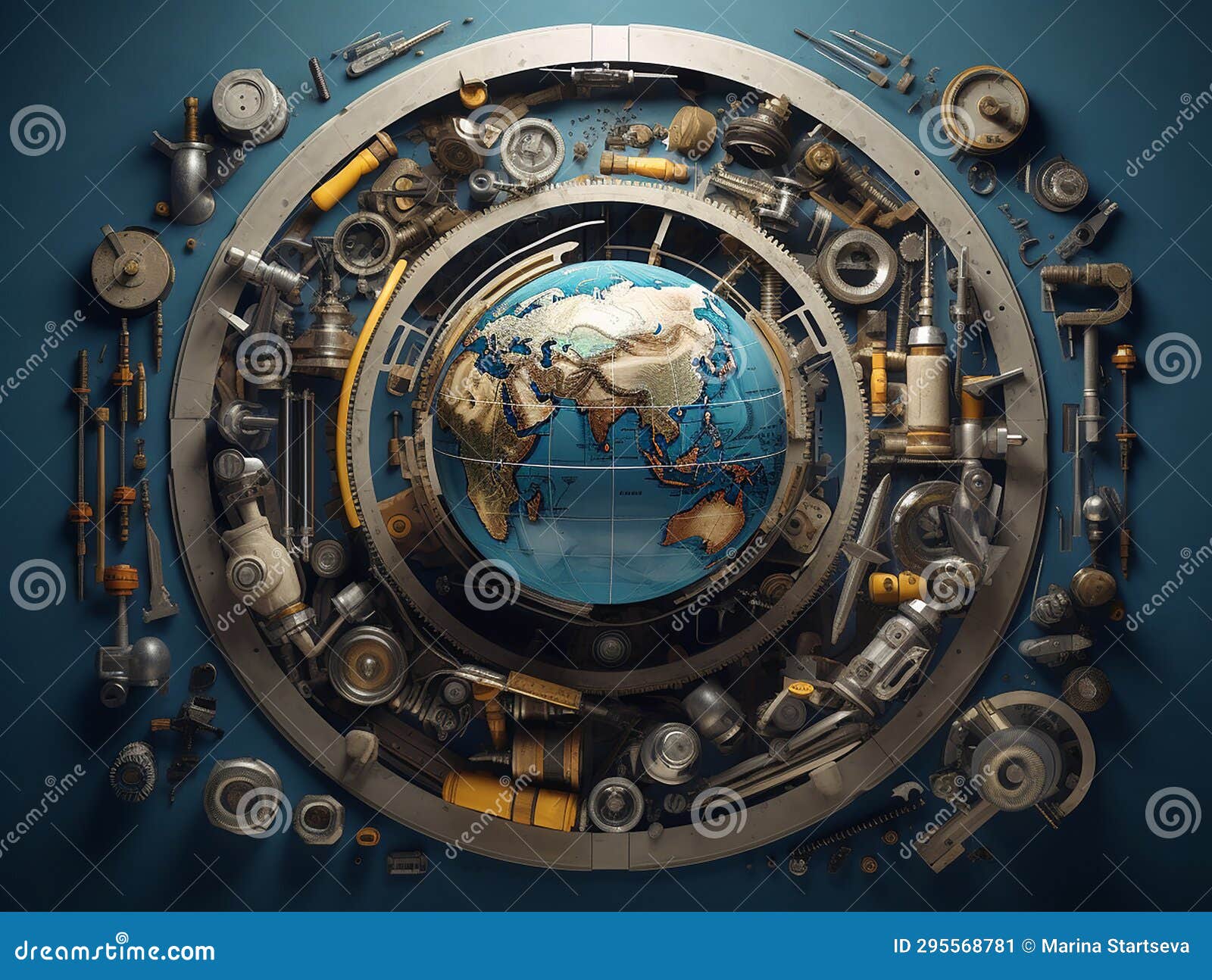 The Planet Earth, Surrounded by Various Mechanisms, Machines and Tools ...
