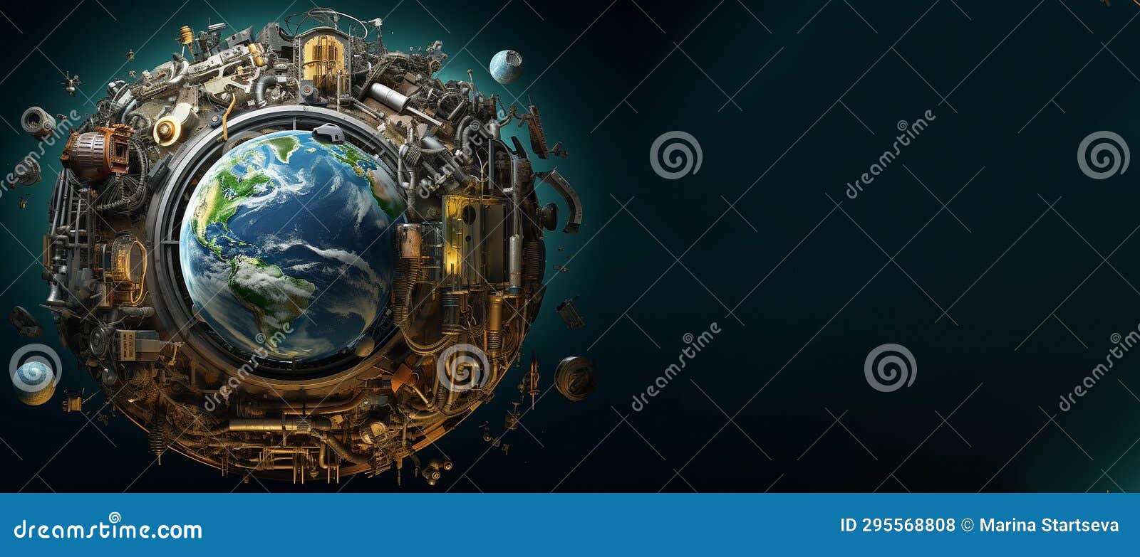 The Planet Earth, Surrounded By Various Mechanisms, Machines And Tools ...
