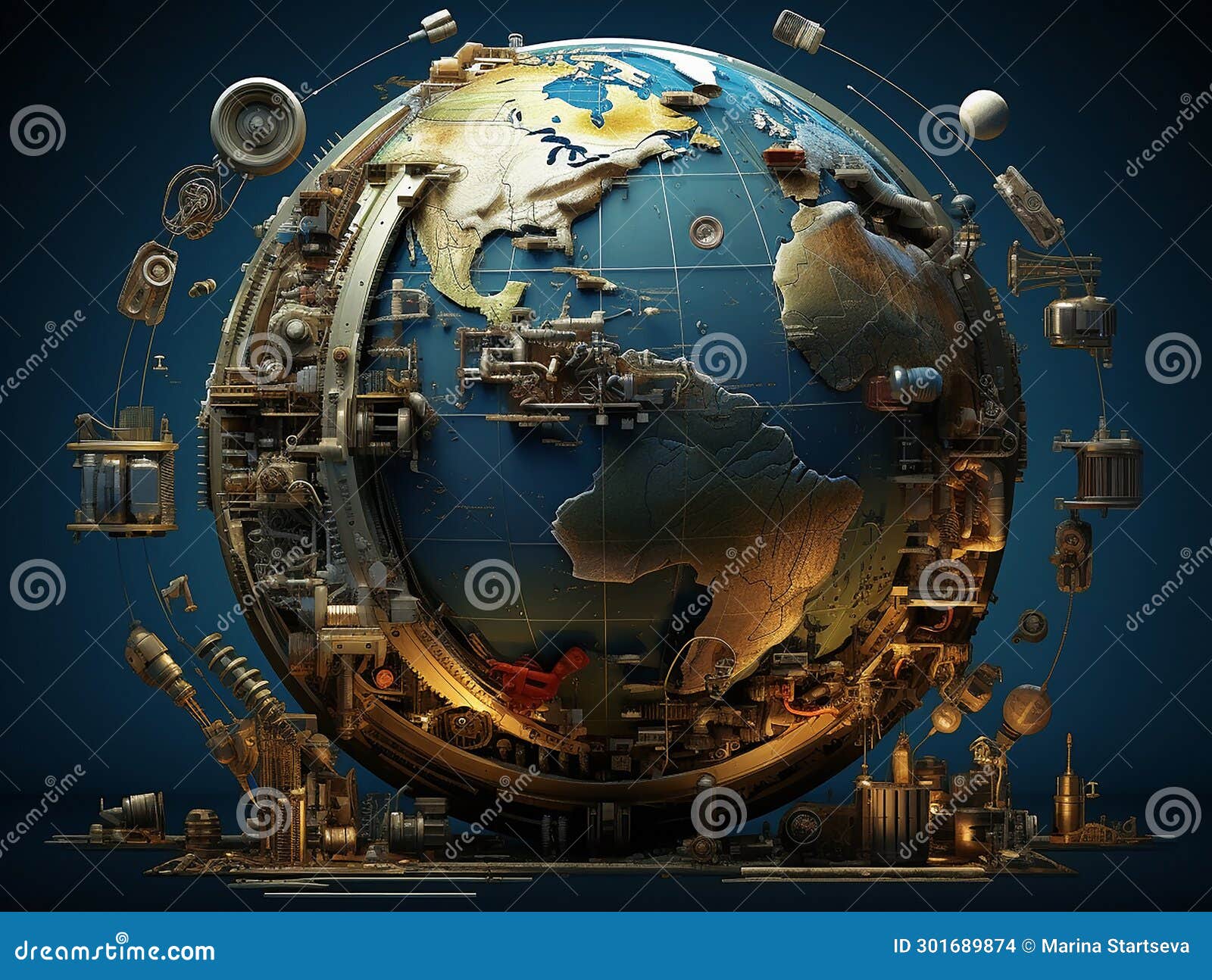 The Planet Earth, Surrounded by Various Mechanisms and Tools Stock ...
