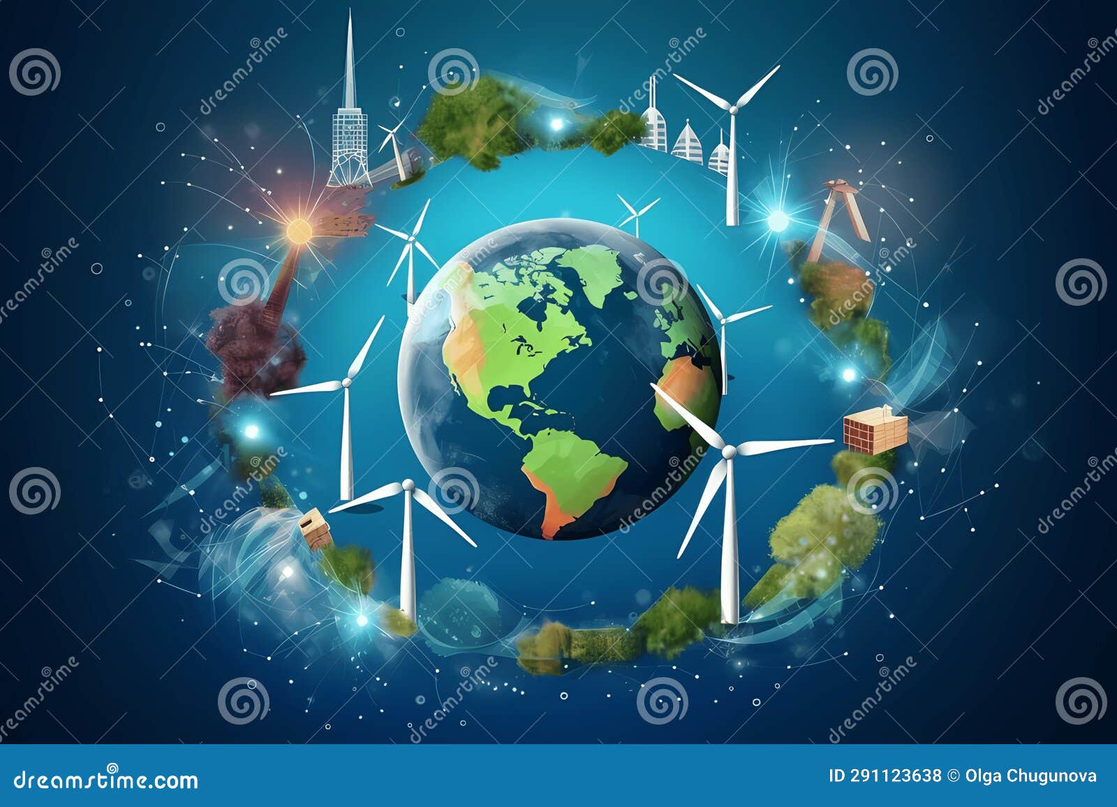 Planet with Energy for Modern Life: Solar Panel, Windmill, Energy ...