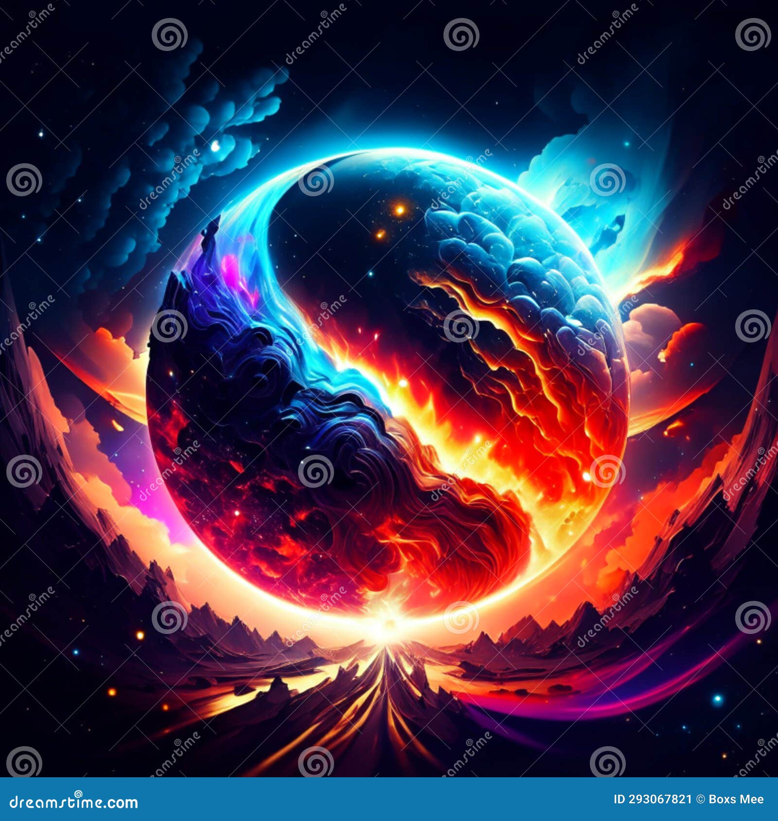 Planet with Fire and Smoke on a Dark Background. Vector Illustration ...