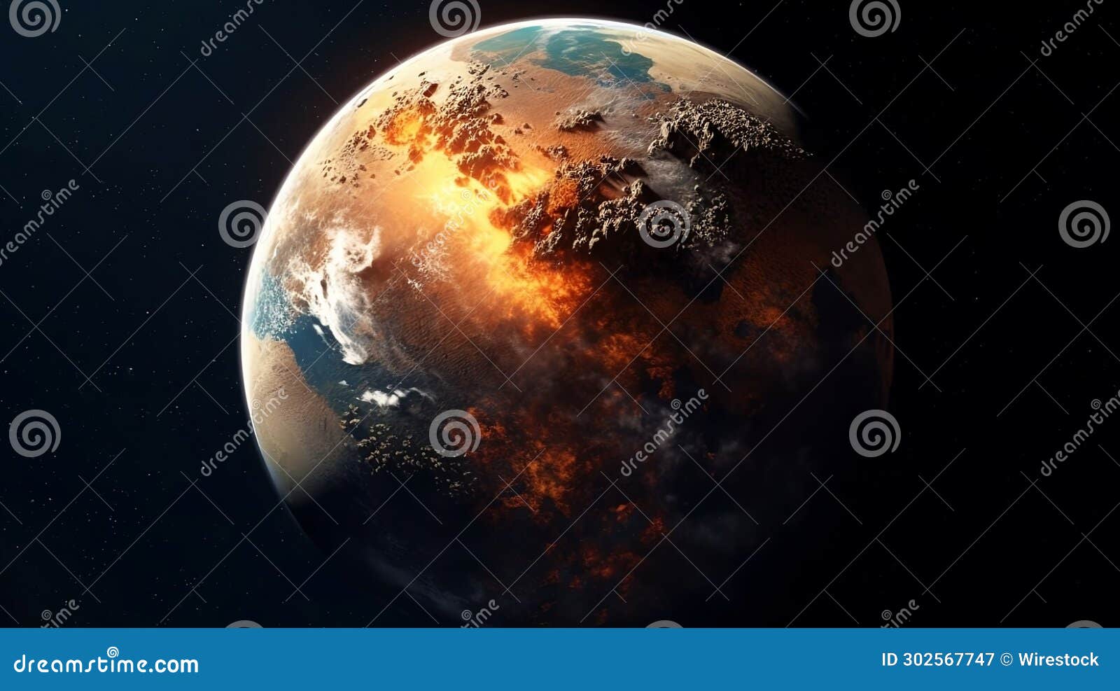 Planet with a Flaming Surface Isolated in the Darkness of Space. AI ...