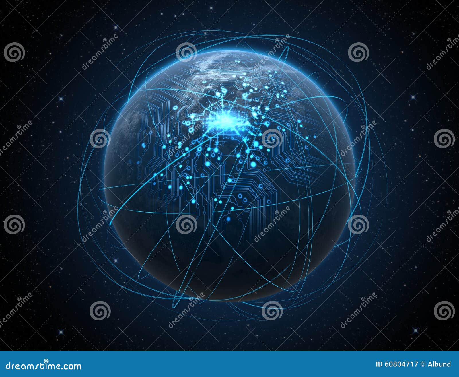 Planet with Illuminated Network and Light Trails Stock Illustration ...