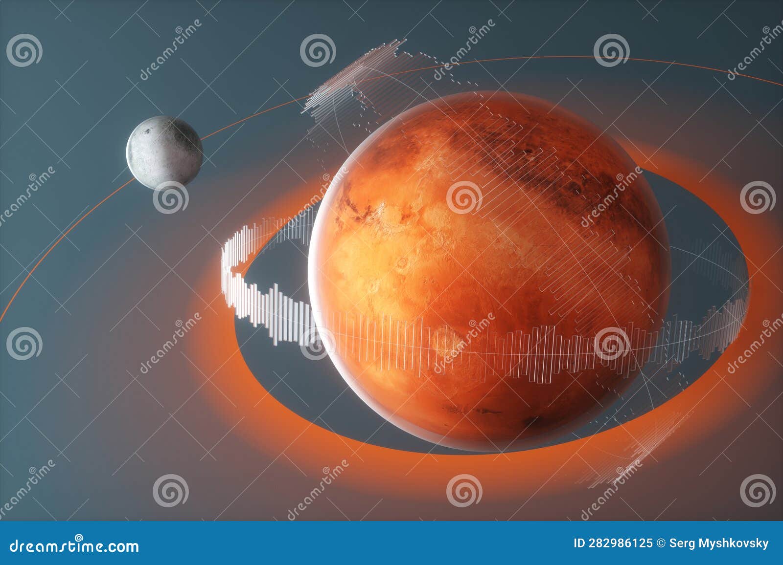 Planet Mars with the Orbit of the Moon on a Blue Background Stock ...