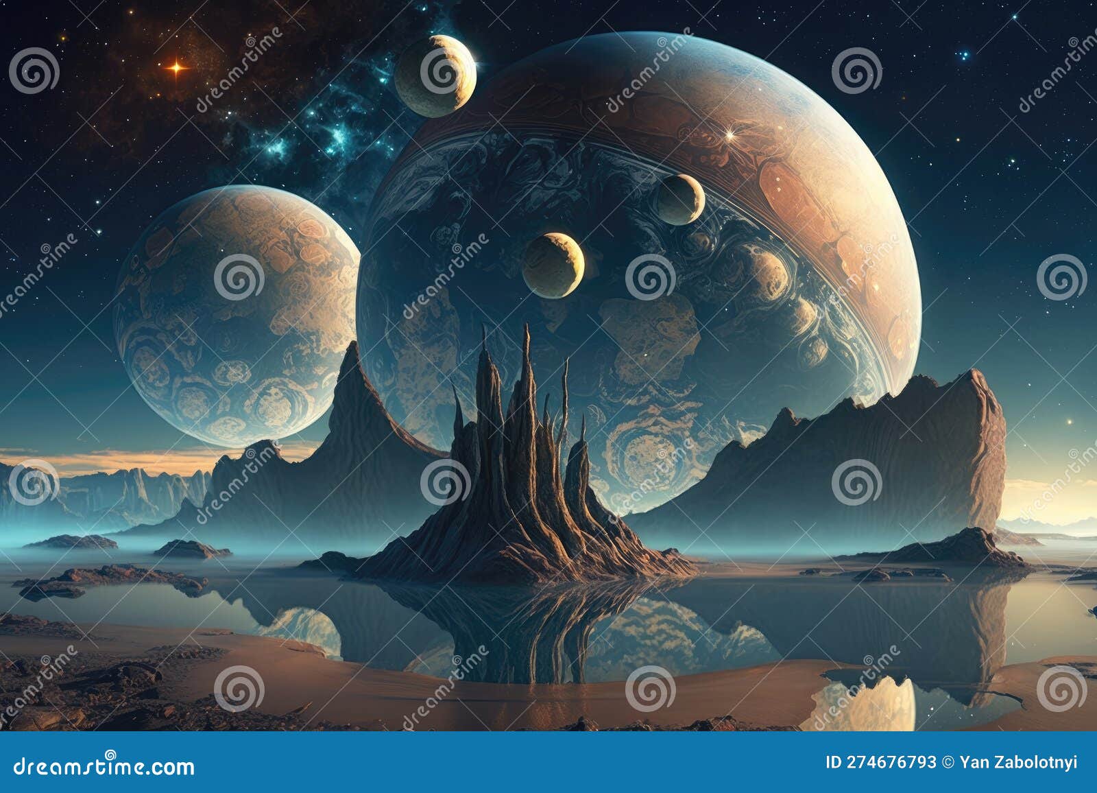 A Planet with Multiple Moons and Alien Lifeforms. Generative AI Stock ...